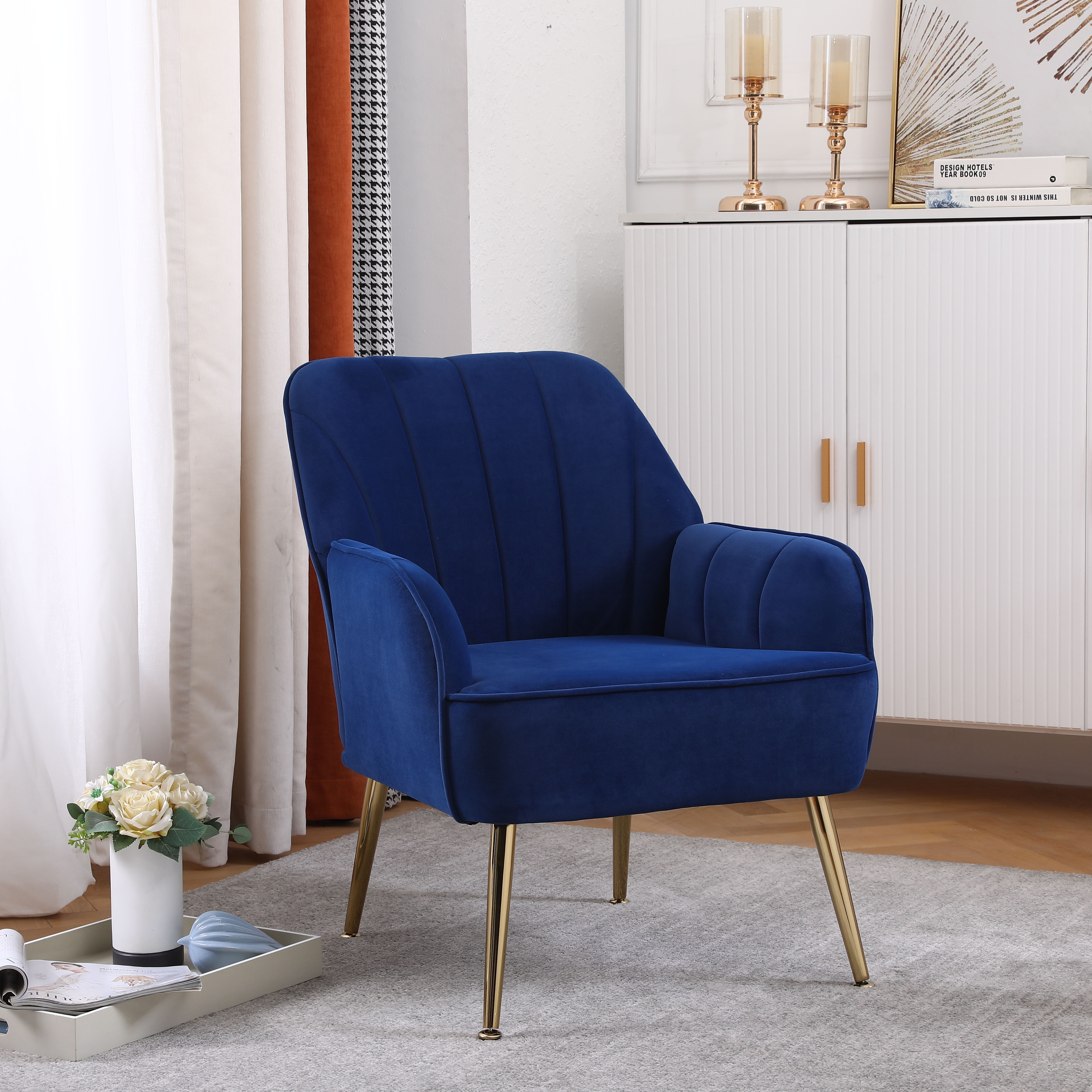 Syngar Velvet Fabric Vanity Chair, Modern Accent Chair with Solid Matal ...