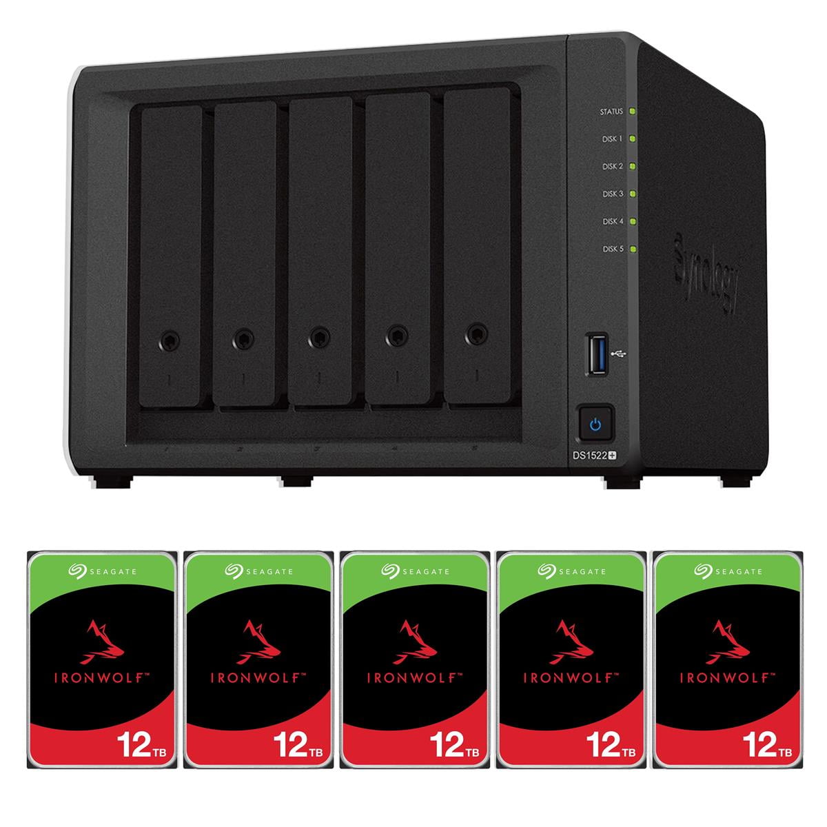 Synology DiskStation DS1522+ 5-Bay NAS Enclosure, Diskless with 5x IronWolf 12TB SATA III 3.5 ...