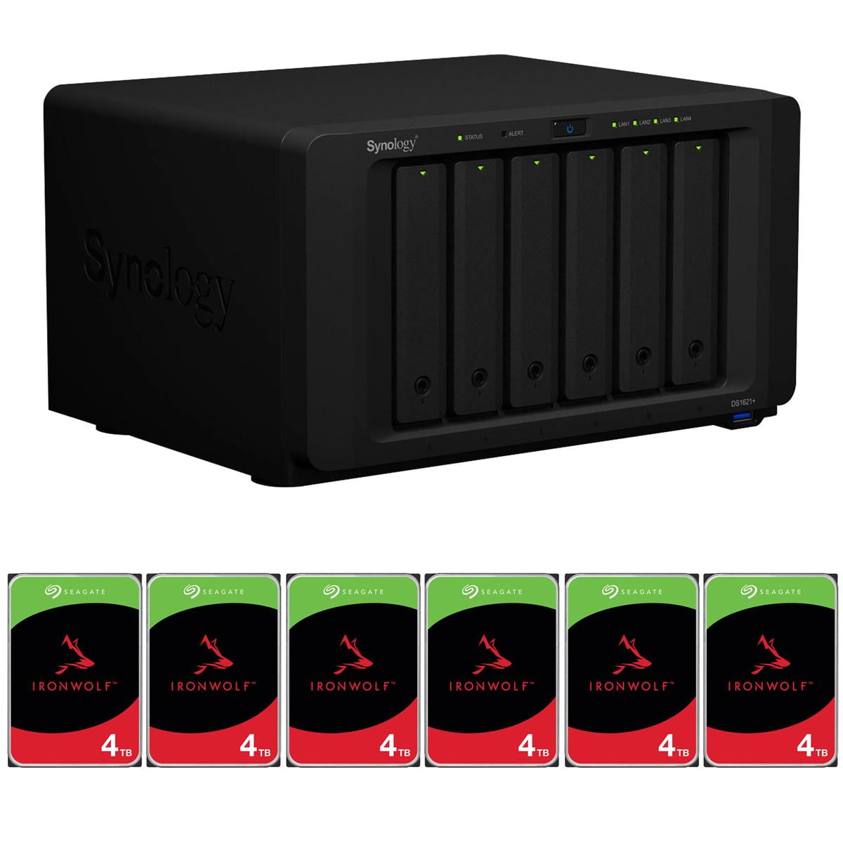 Synology DiskStation DS1621+ 6-Bay NAS Enclosure, 4-Core 2.2GHz, 4GB RAM, No HDD with 6x Seagate ...