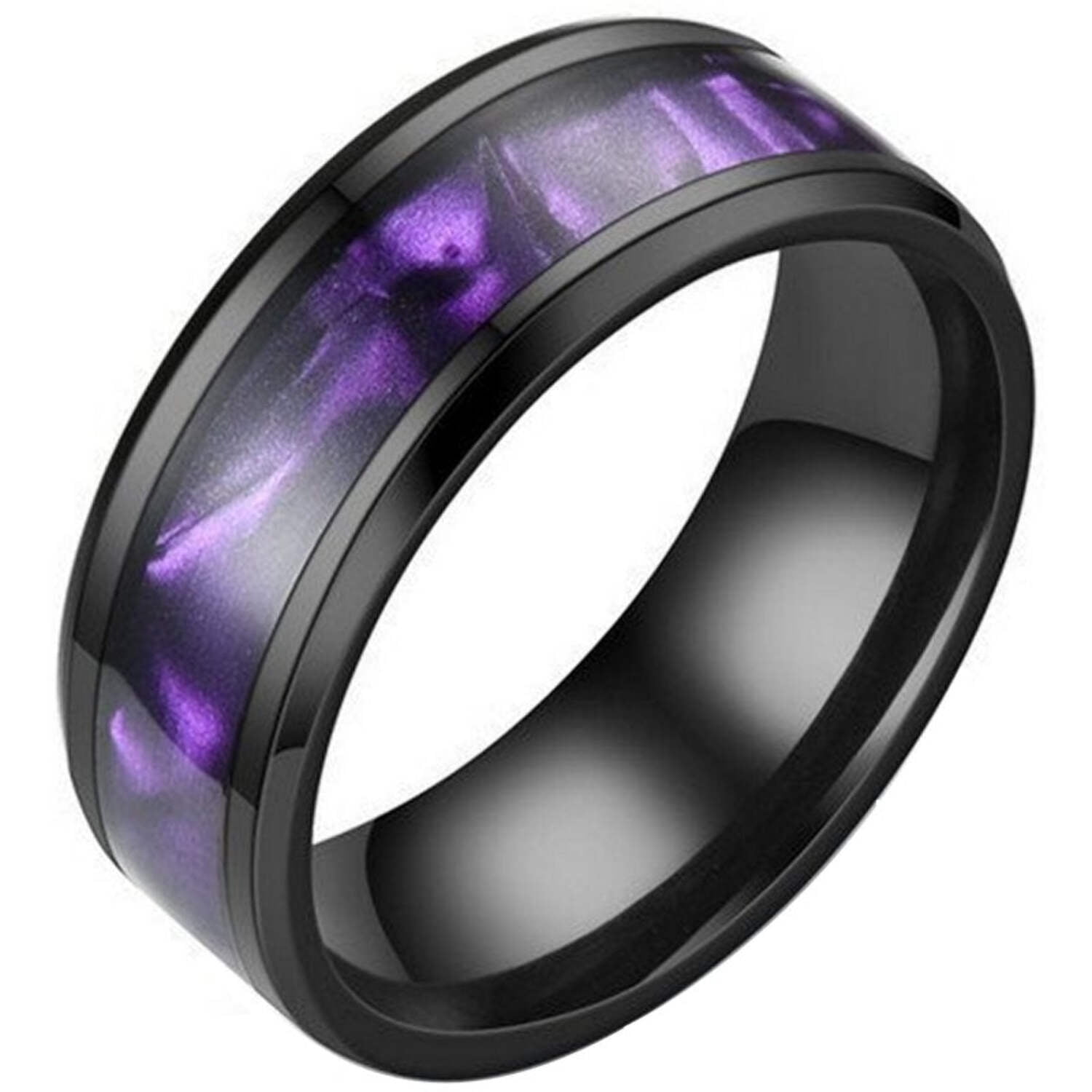Synthetic Amethyst Ring Black Stainless Steel Purple Wedding Band ...