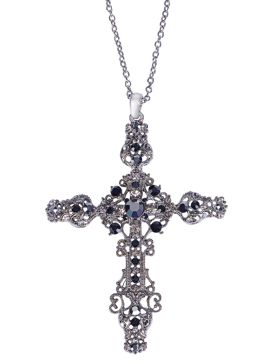 Synthetic Black Crystal Rhinestone Flourish Cross Pendant Necklace ...