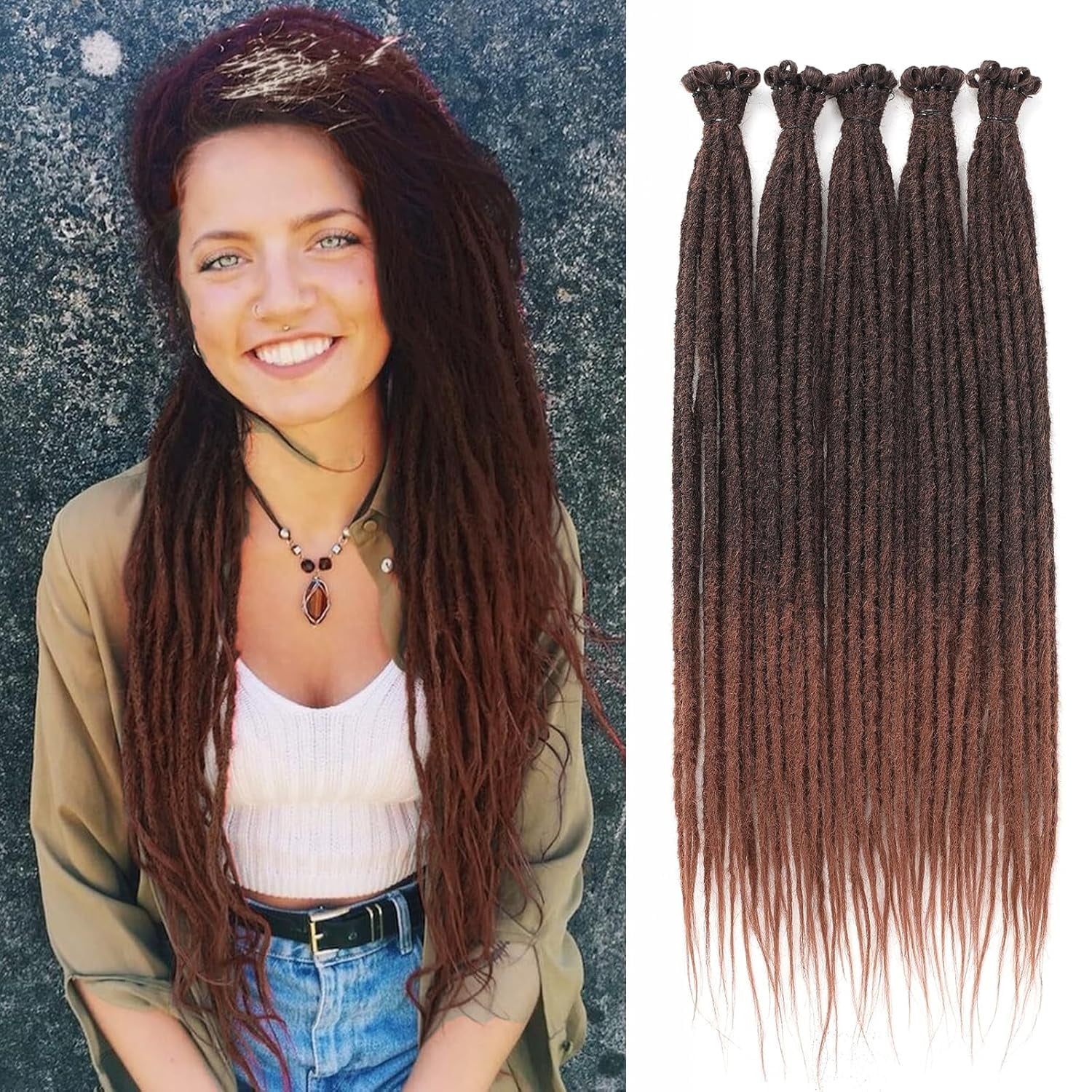 Synthetic Dreadlock Extensions 24 Inch 20 Strands Ombre Brown Thin Single Ended Dreads ...