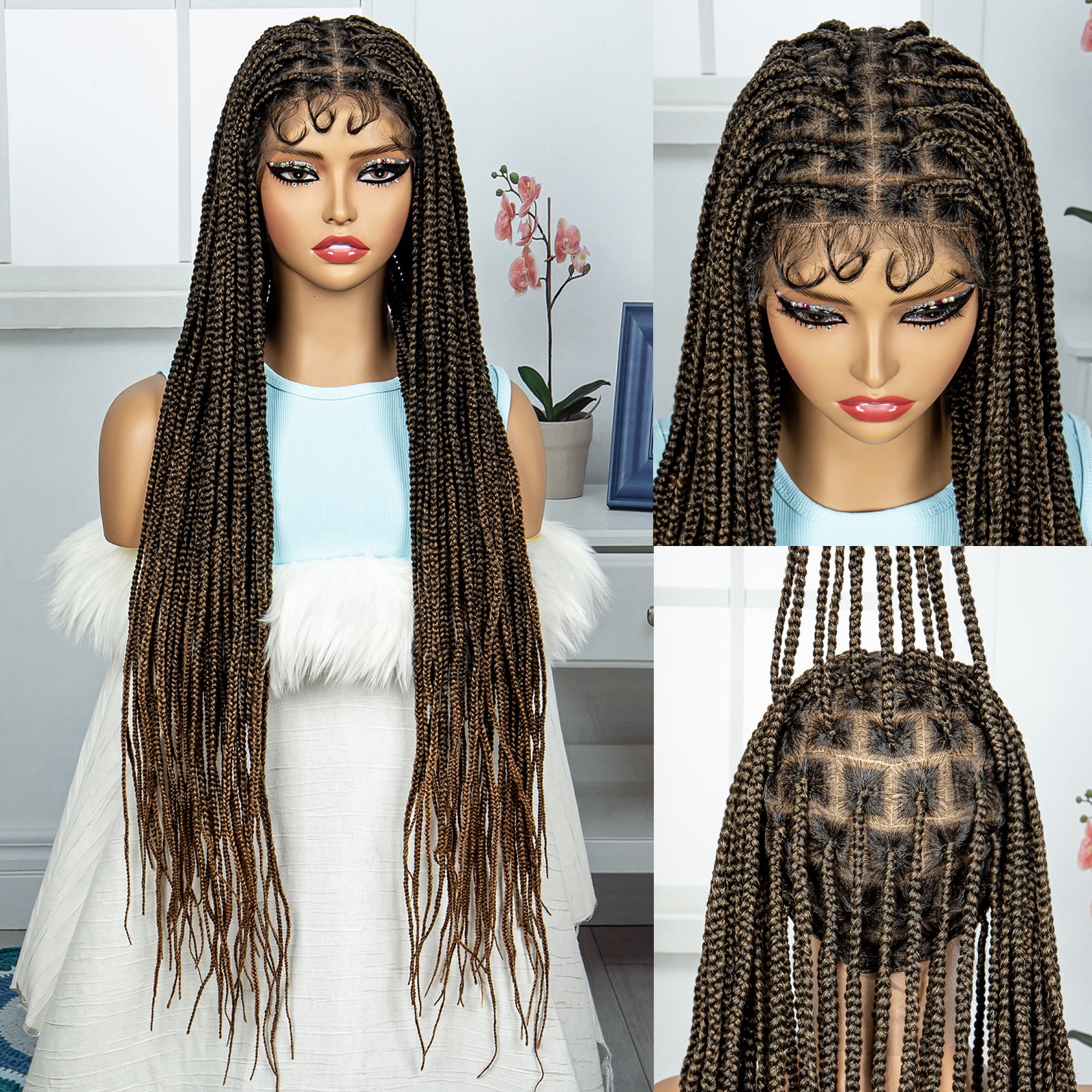 Synthetic Full Double Lace Knotless Box Braided Wigs for African ...