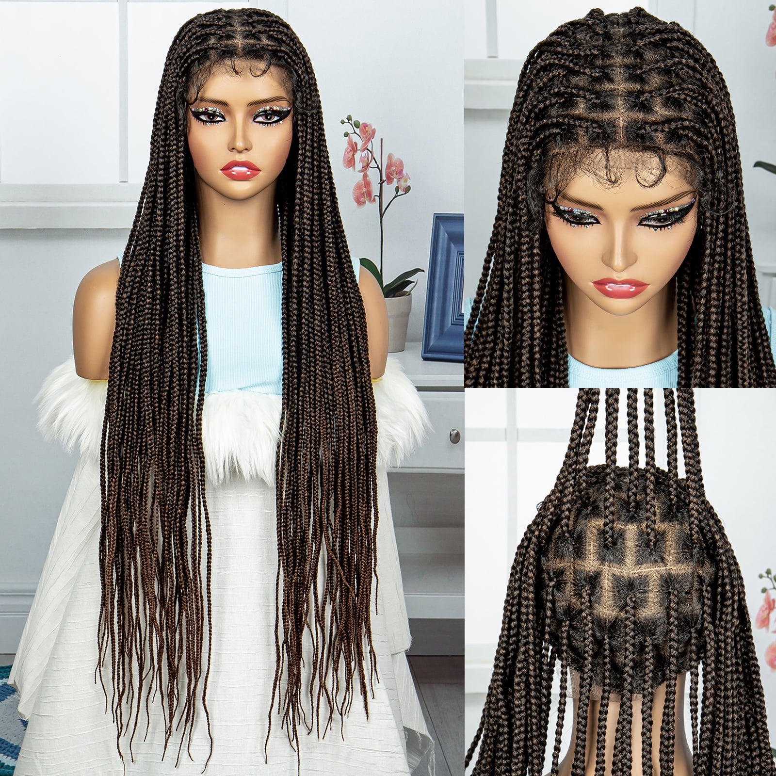 Synthetic Full Double Lace Knotless Box Braided Wigs for African ...