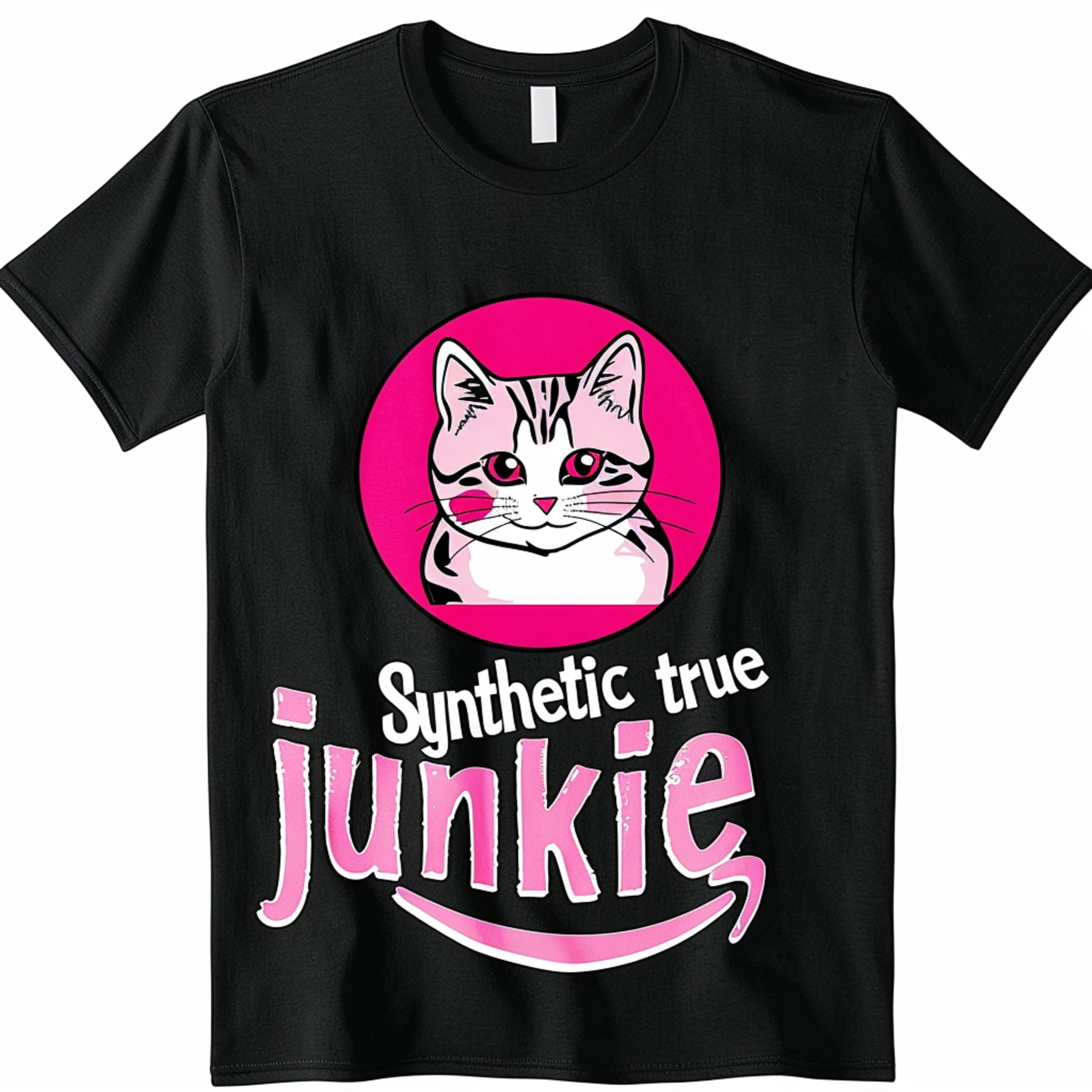 Synthetic Pink Cat True Junkie Black T Shirt Vector Graphic Style Cute ...