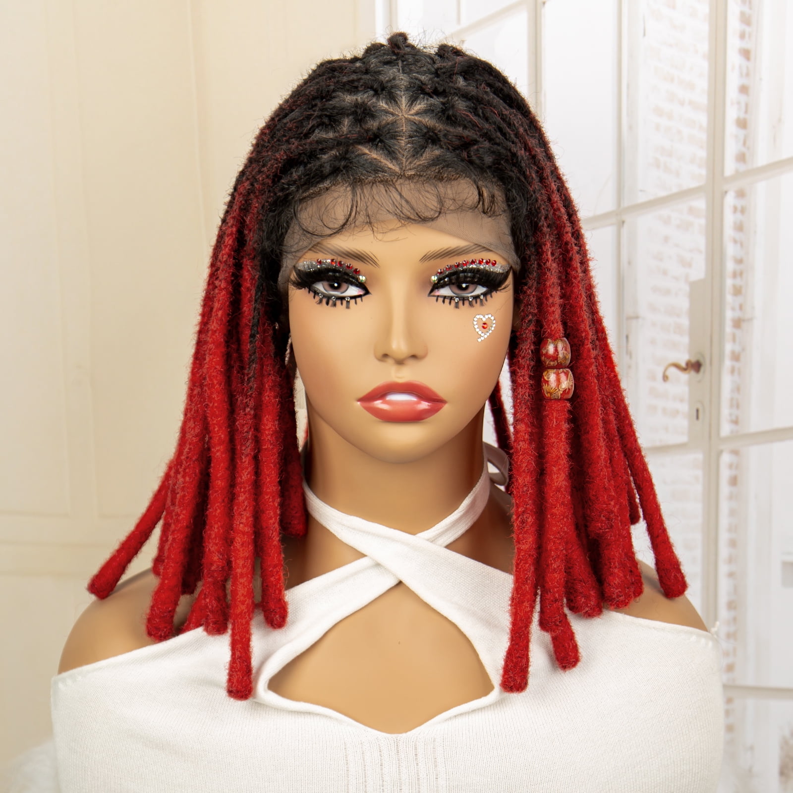 Synthetic Red Colored Dreadlocks Wig Triangle Knotless Box Braided Wigs ...