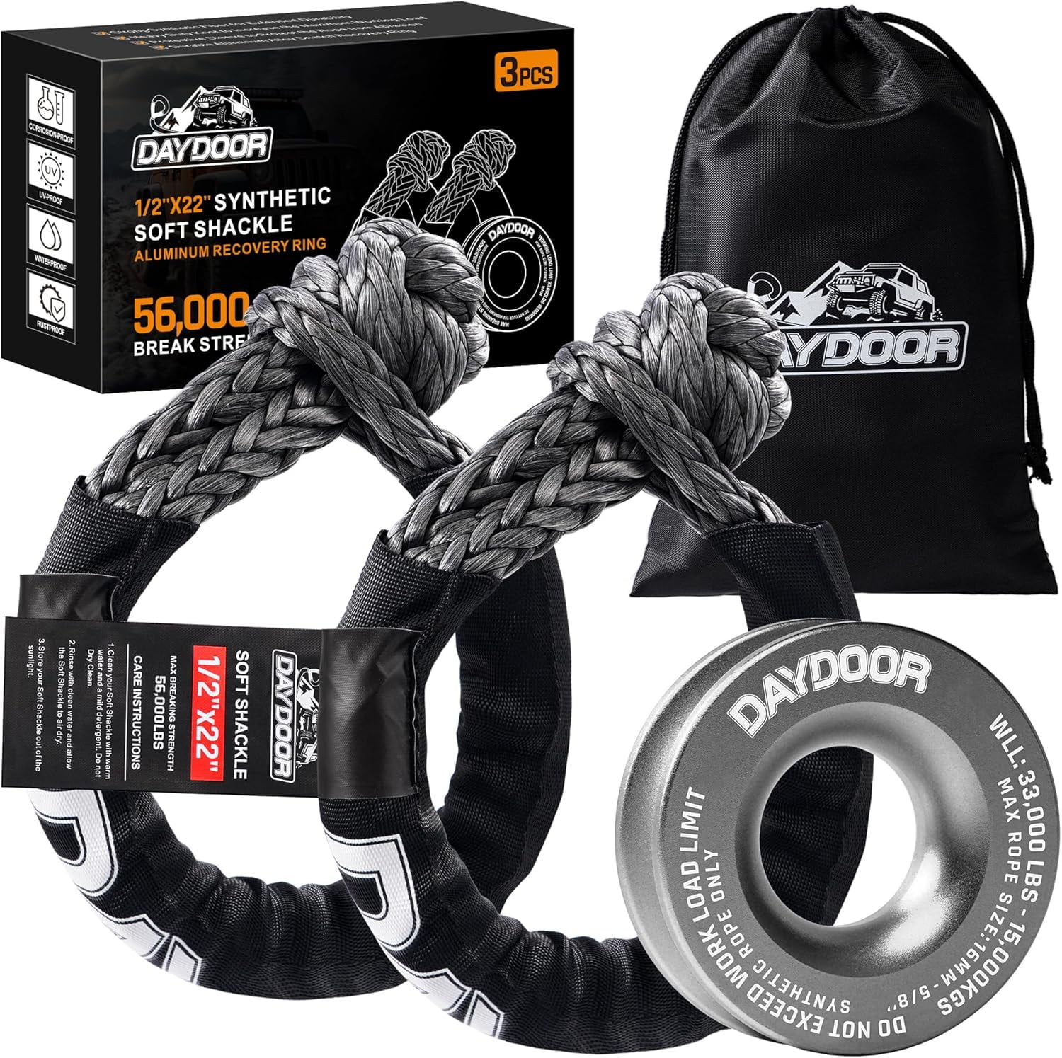 Synthetic Soft Shackle and Winch Recovery Ring Kit: 2 PCS 1/2'' X 22 ...
