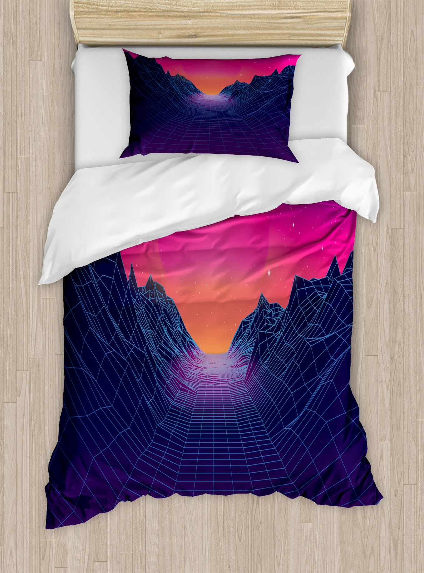 Synthwave Duvet Cover Set, 80's Art Illustration of Grid Mountains and ...