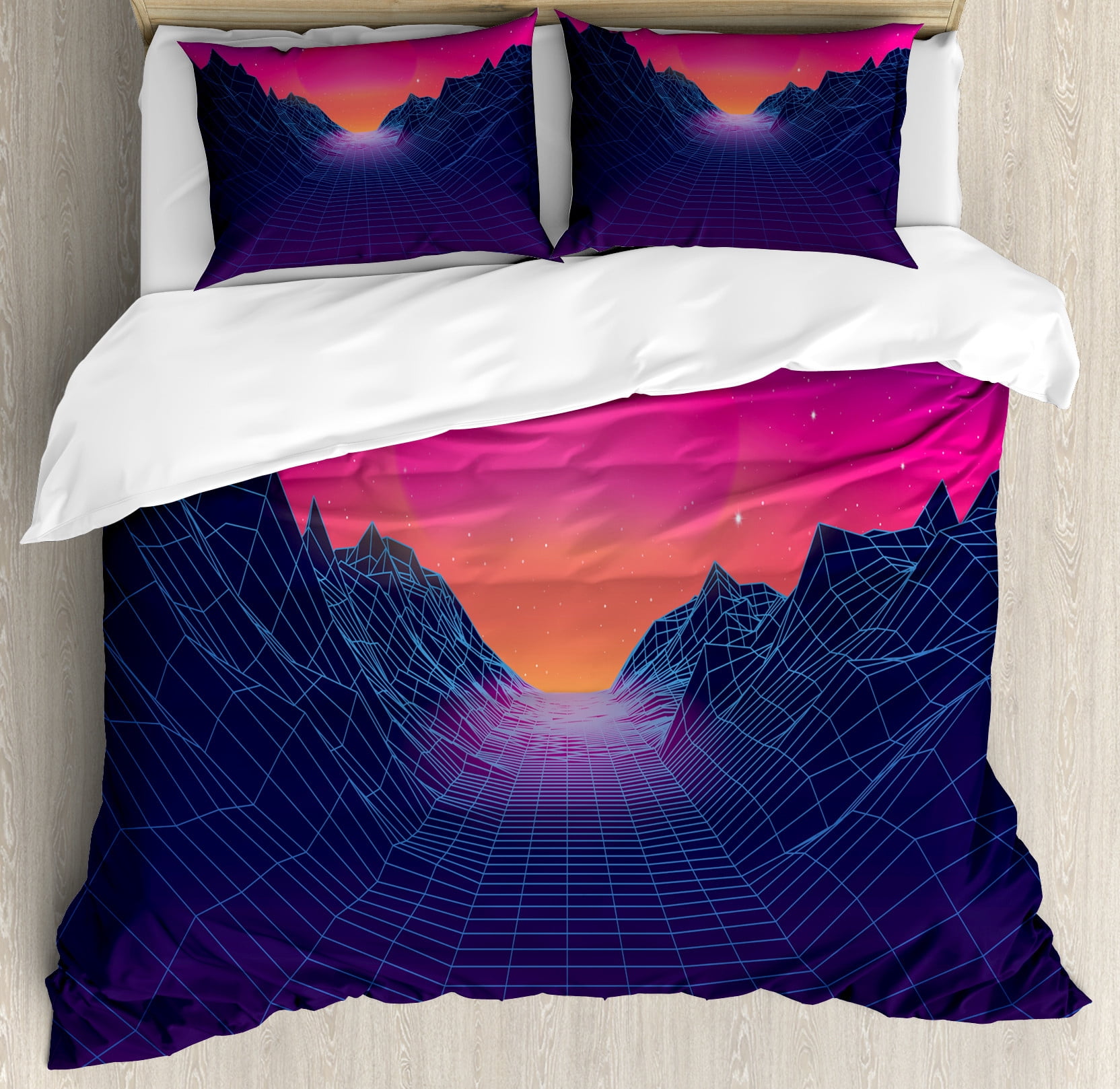 Synthwave Duvet Cover Set, 80's Art Illustration of Grid Mountains and ...