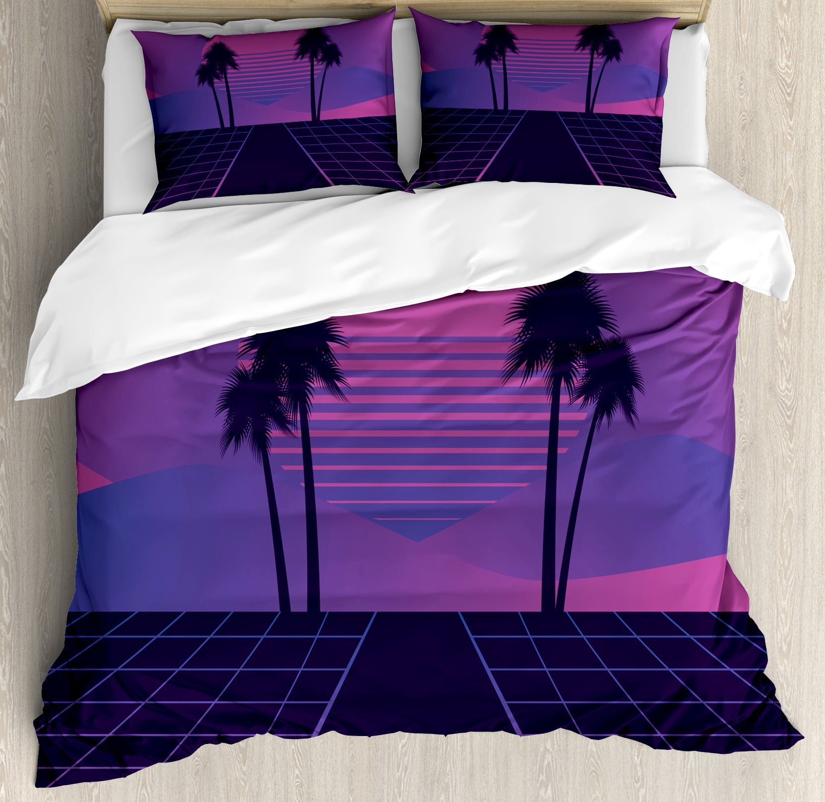 Synthwave Duvet Cover Set, Abstract 80's Dreamy Art Sunset Palm Trees ...