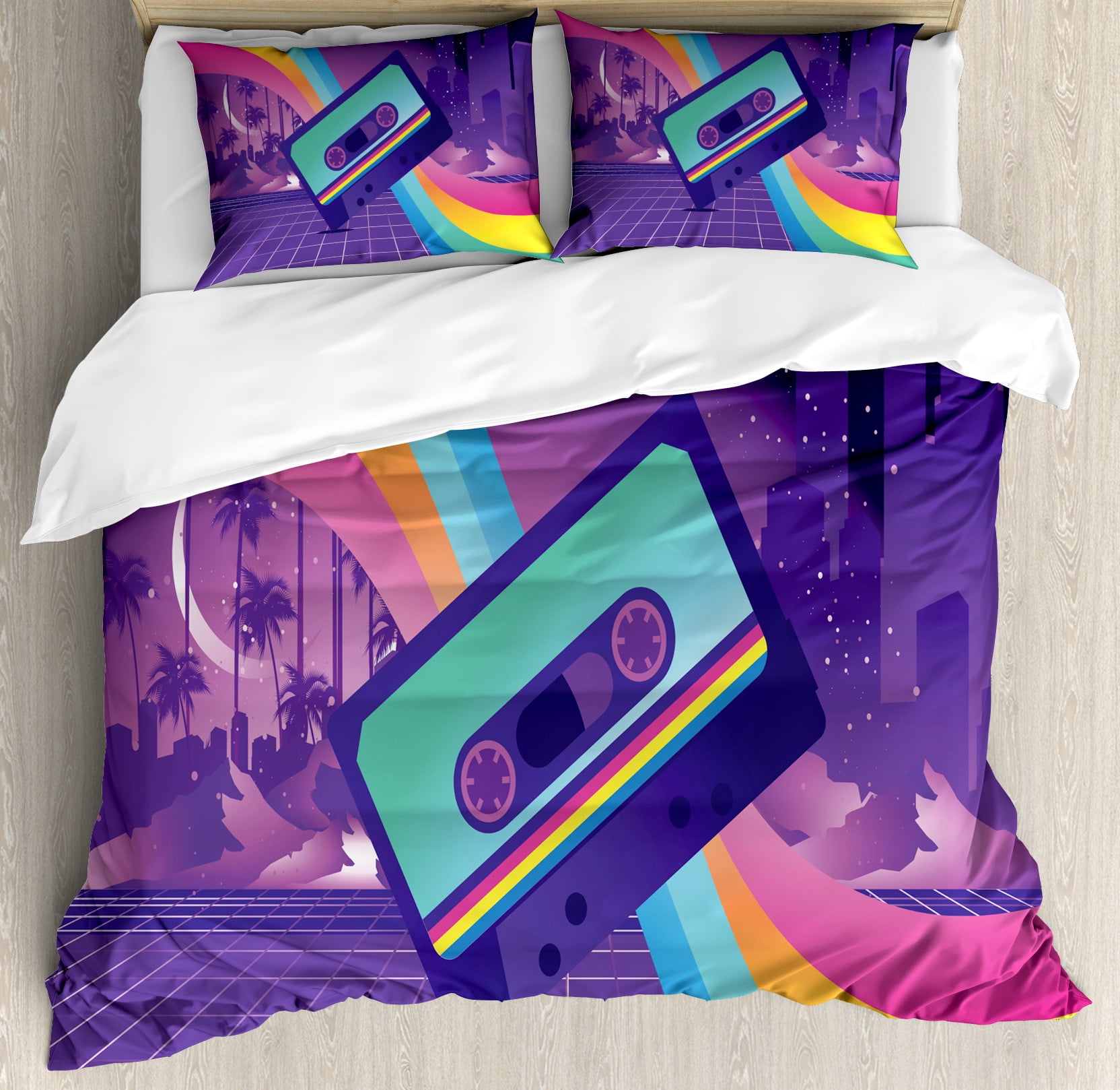 Synthwave Duvet Cover Set, Old Cassette Tape and Rainbow Rays over a ...