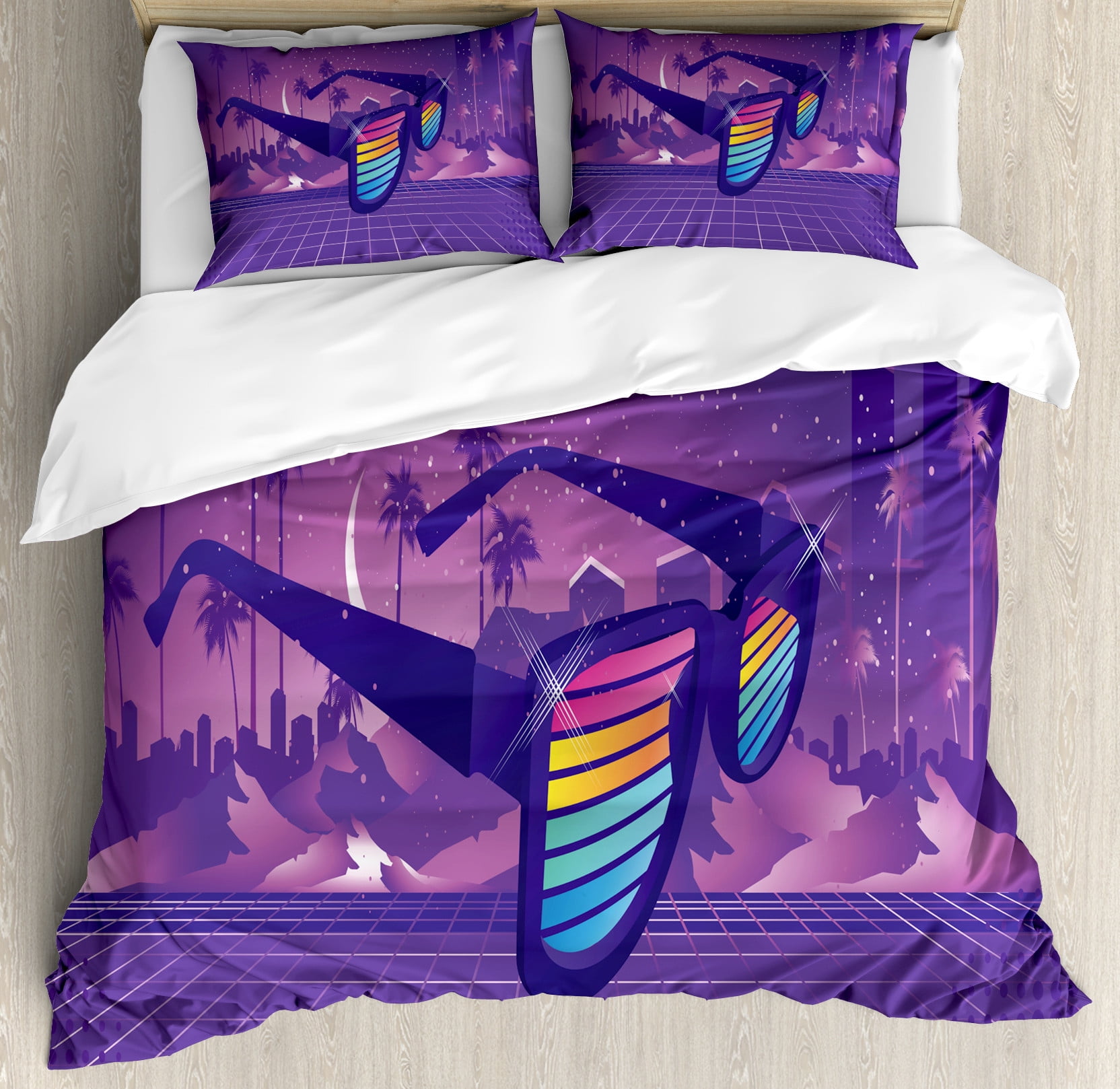Synthwave Duvet Cover Set, Rainbow Striped Retro Sunglasses on Big City ...
