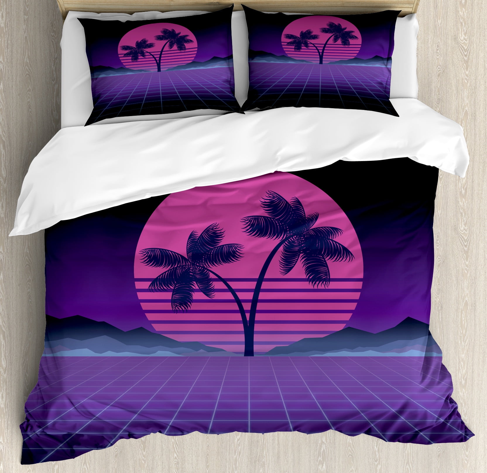 Synthwave Duvet Cover Set, Retro Art Design of Striped Pinkish Moon ...