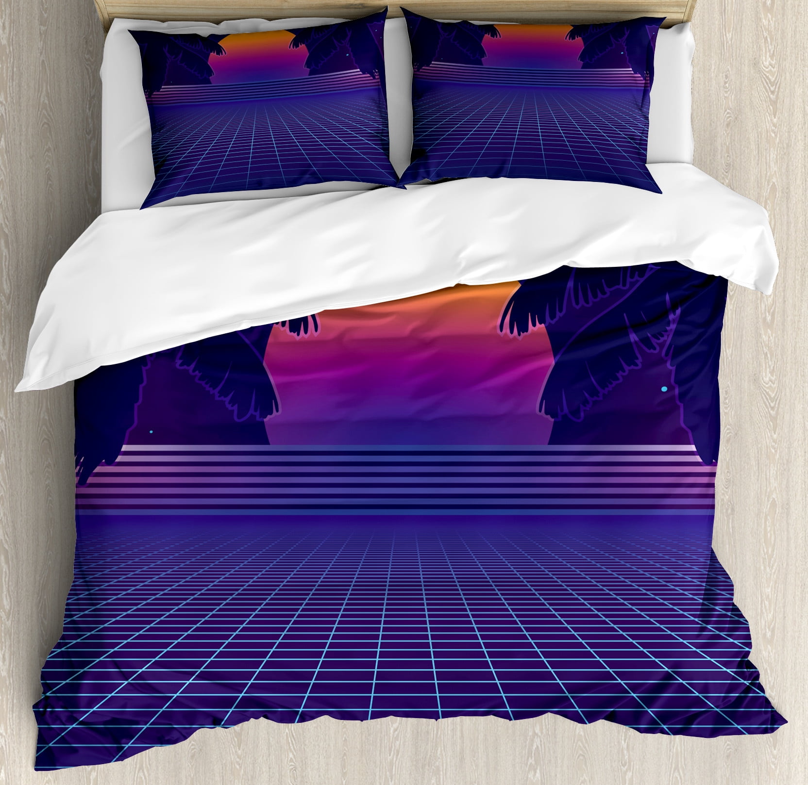 Synthwave Duvet Cover Set, Retro Party Themed Graphic of Ombre Sun and ...