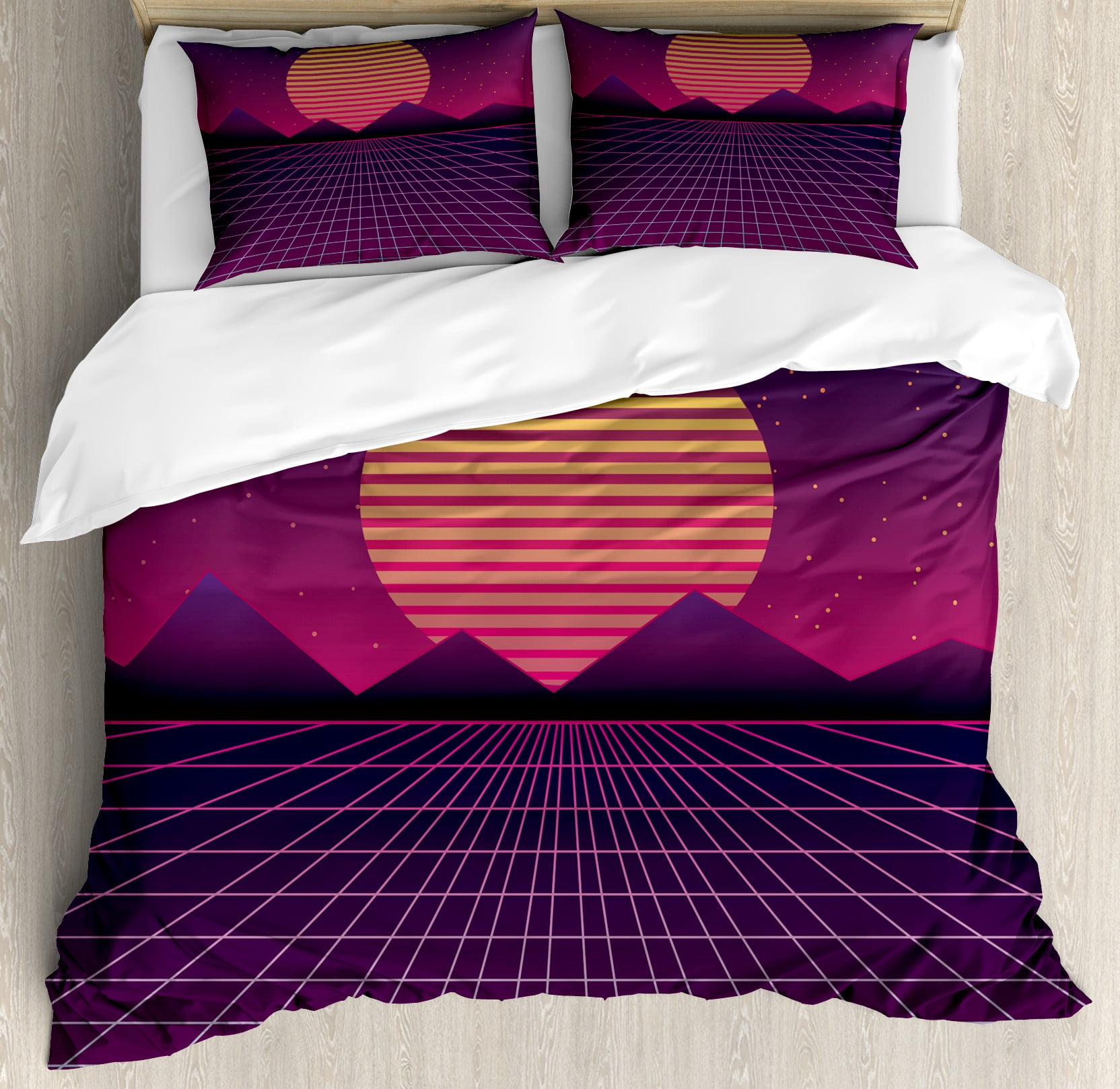 Synthwave Duvet Cover Set, Striped Sun with Triangular Mountains Retro ...