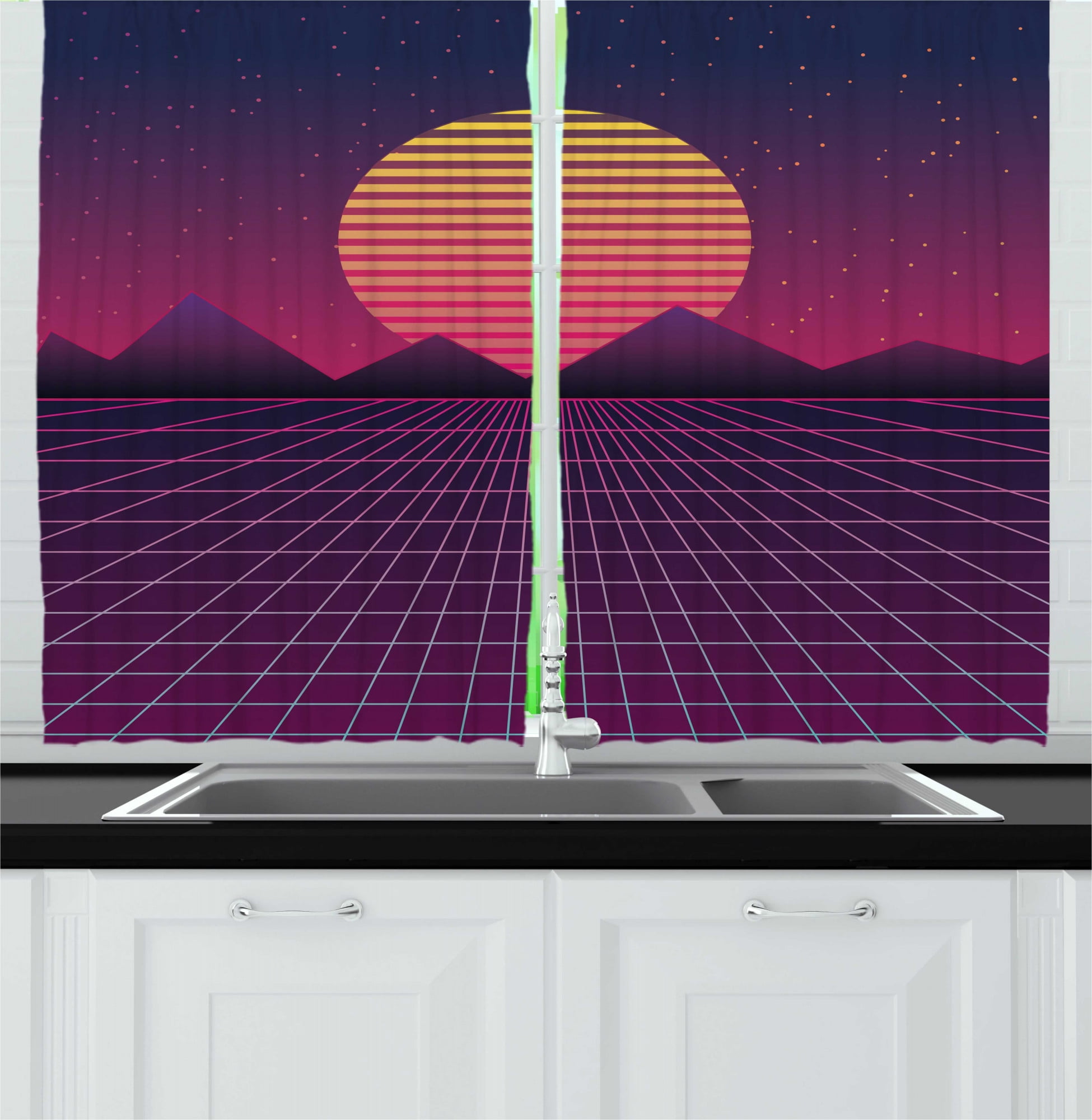 Synthwave Kitchen Curtains, Striped Sun with Triangular Mountains Retro ...