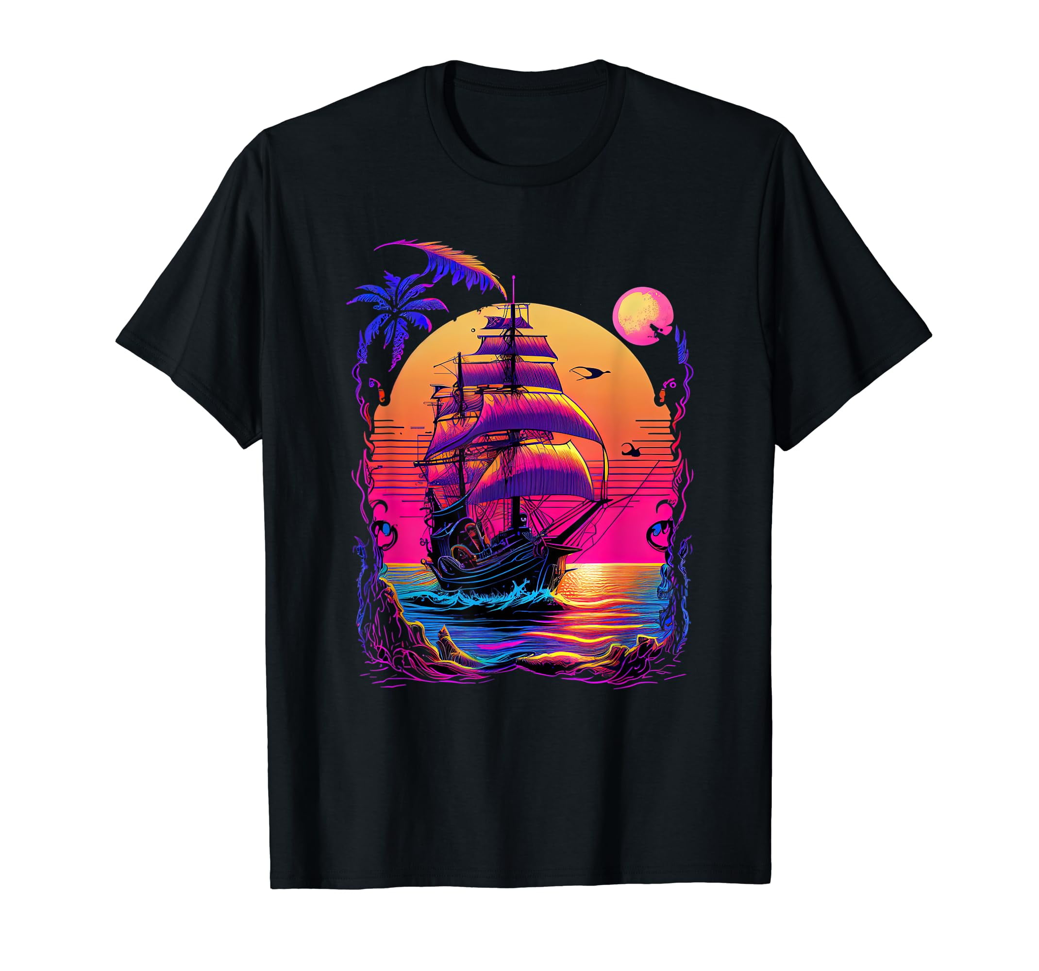 Synthwave Retrowave Pirate Ship Colorful Graphic Black T-Shirt ...