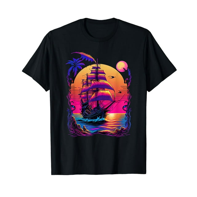 Synthwave Retrowave Pirate Ship Colorful Graphic Black T-Shirt ...