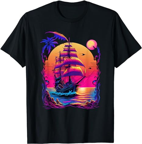 Synthwave Retrowave Pirate Ship Colorful Graphic T-Shirt - Walmart.com