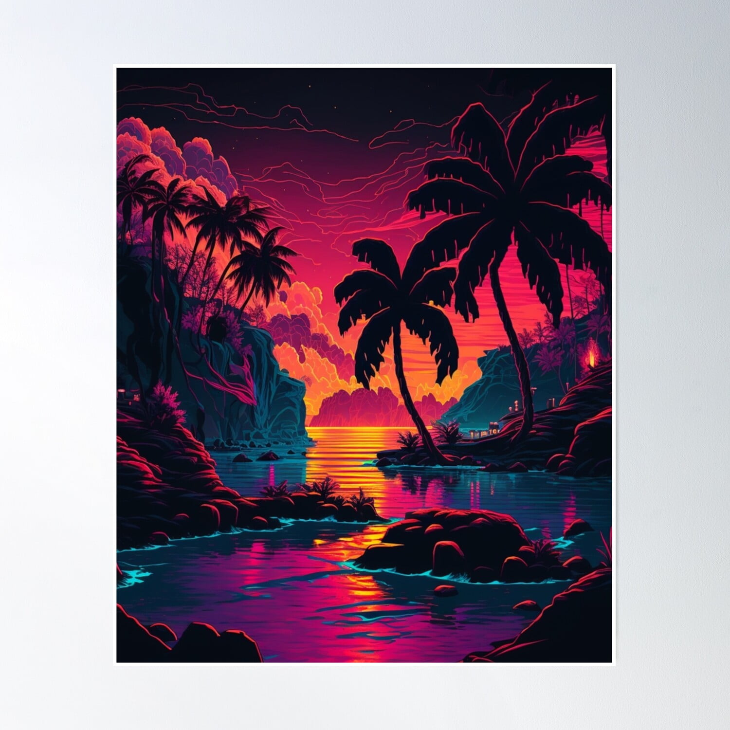 Synthwave Tropical Island Poster Wall Art, Modern Wall Decor, 24x36 ...