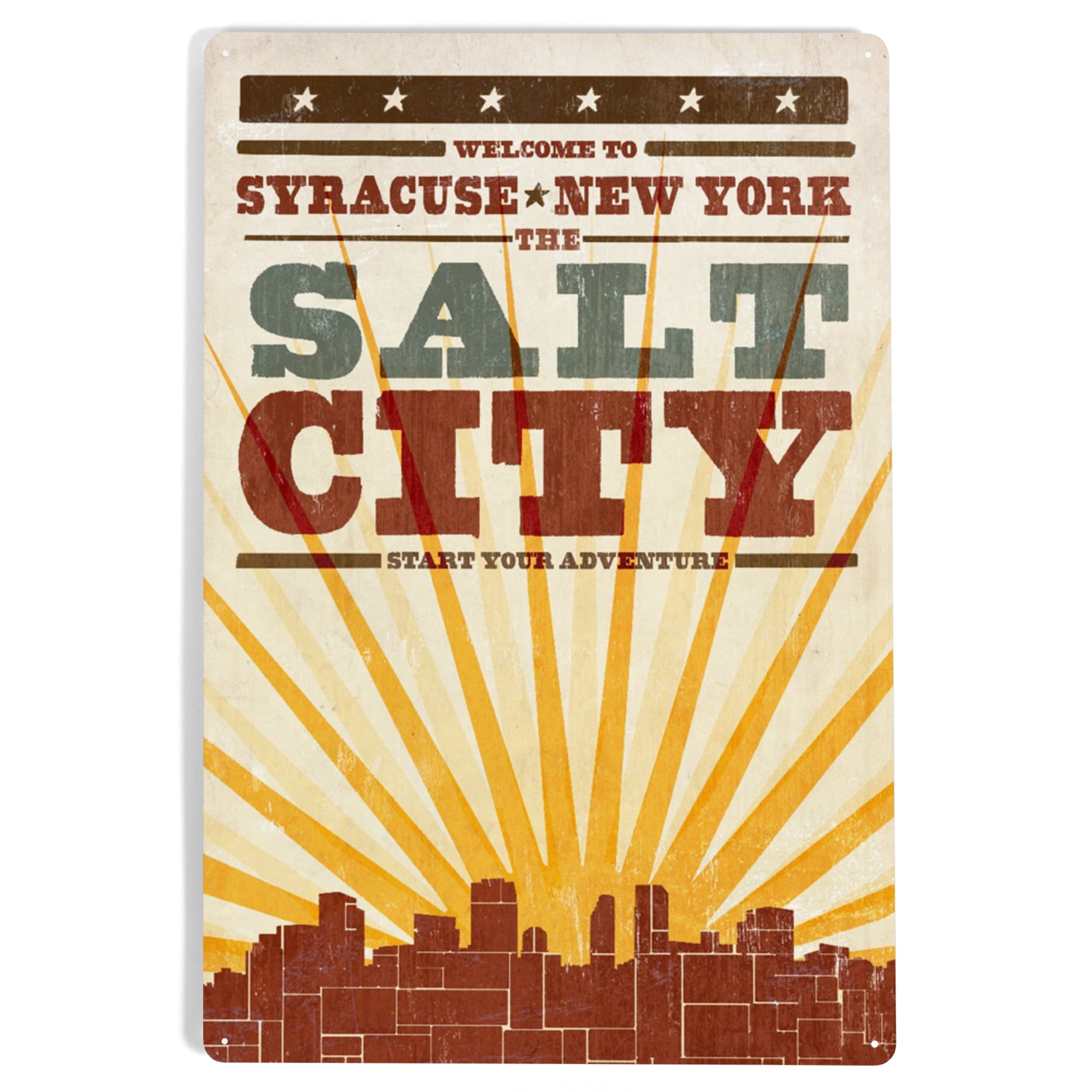 Syracuse, New York, Skyline and Sunburst Screenprint Style (12x18 ...