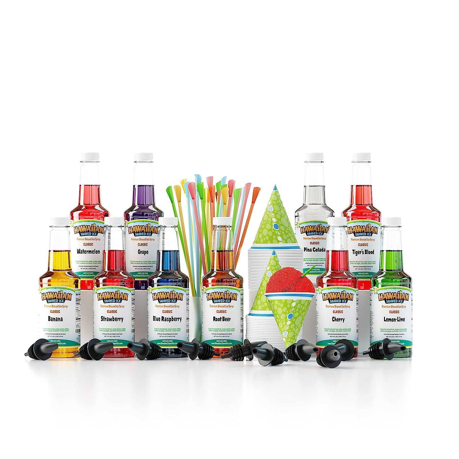 Syrup Assortment With 10 - 16Oz Bottles, 50 Snow Cone Cups, 50 Spoon ...