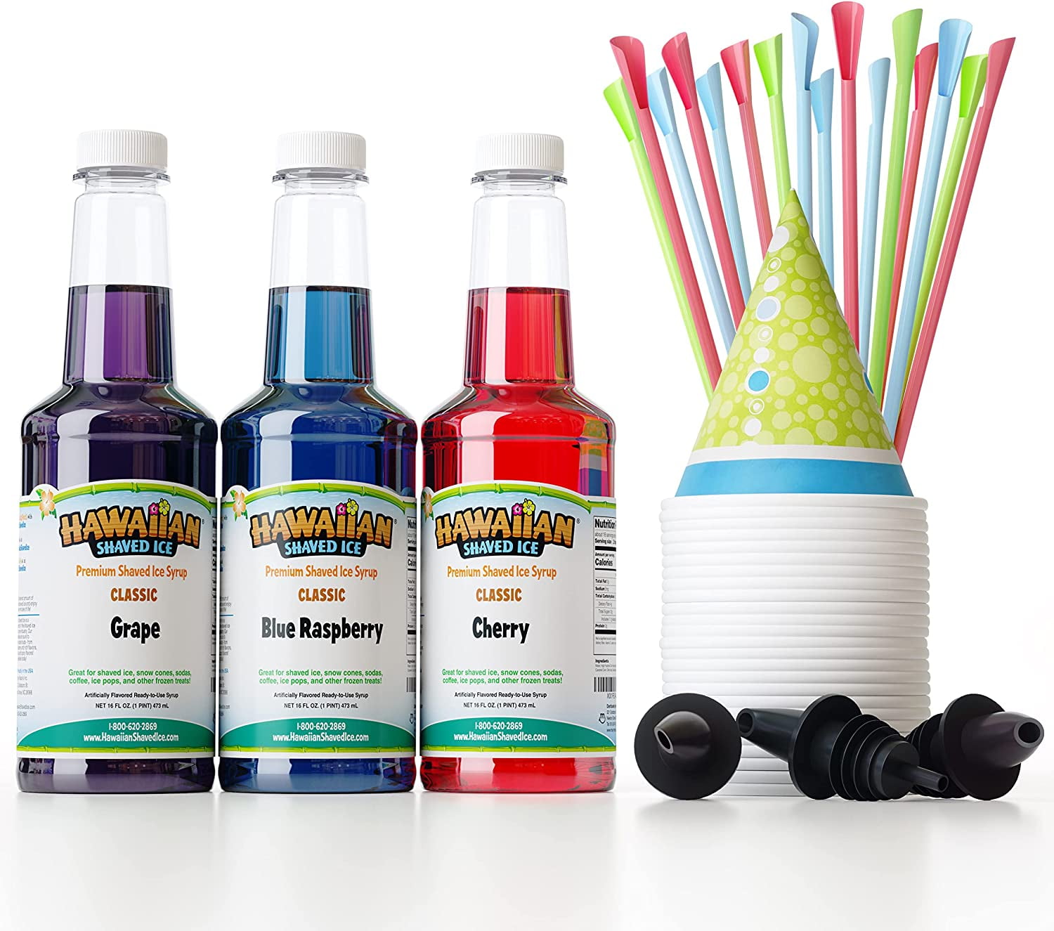 Syrup Assortment with 3 - 16oz Bottles, 25 Snow Cone Cups, 25 Spoon ...