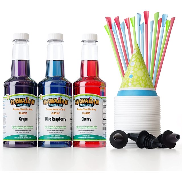Syrup Assortment with 3 - 16oz Bottles, 25 Snow Cone Cups, 25 Spoon ...