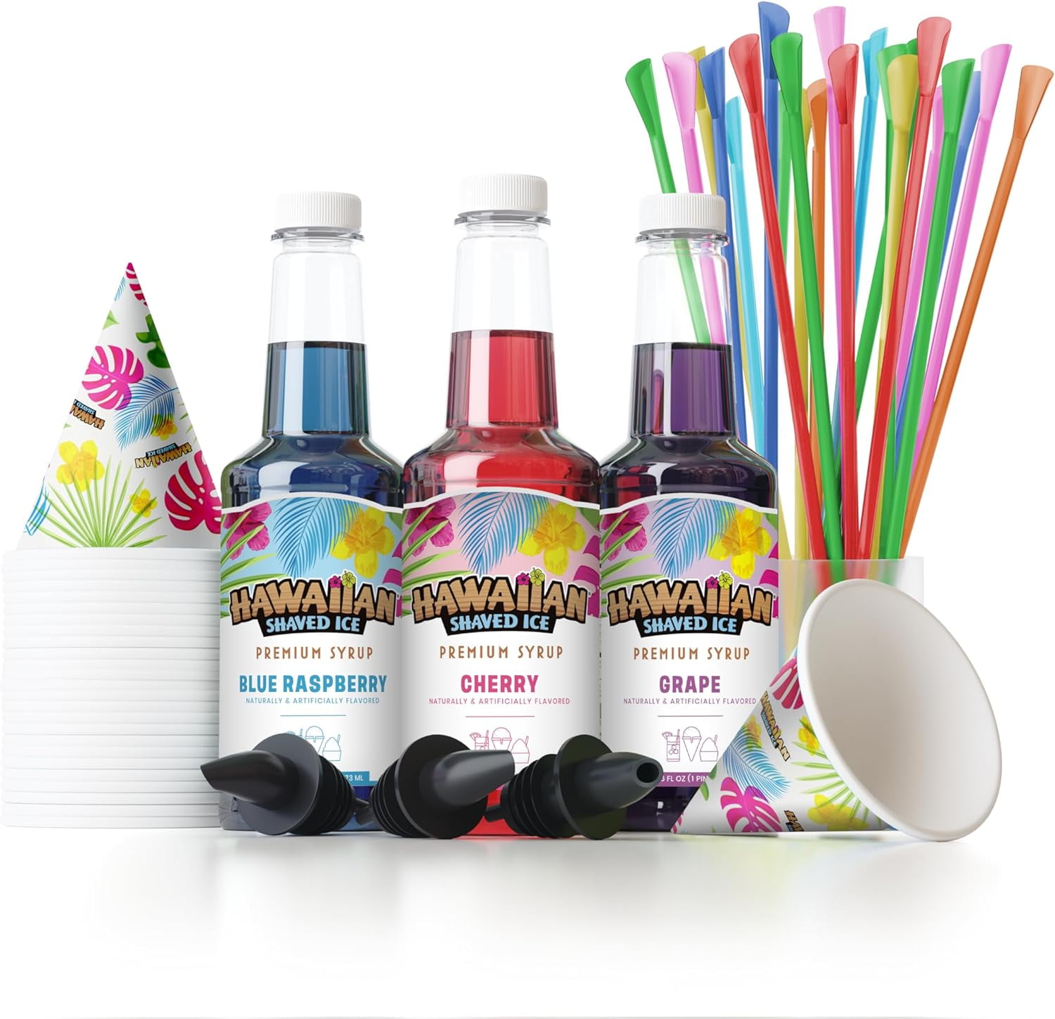 Syrup Assortment with 3 - 16oz Bottles, 25 Snow Cone Cups, 25 Spoon ...