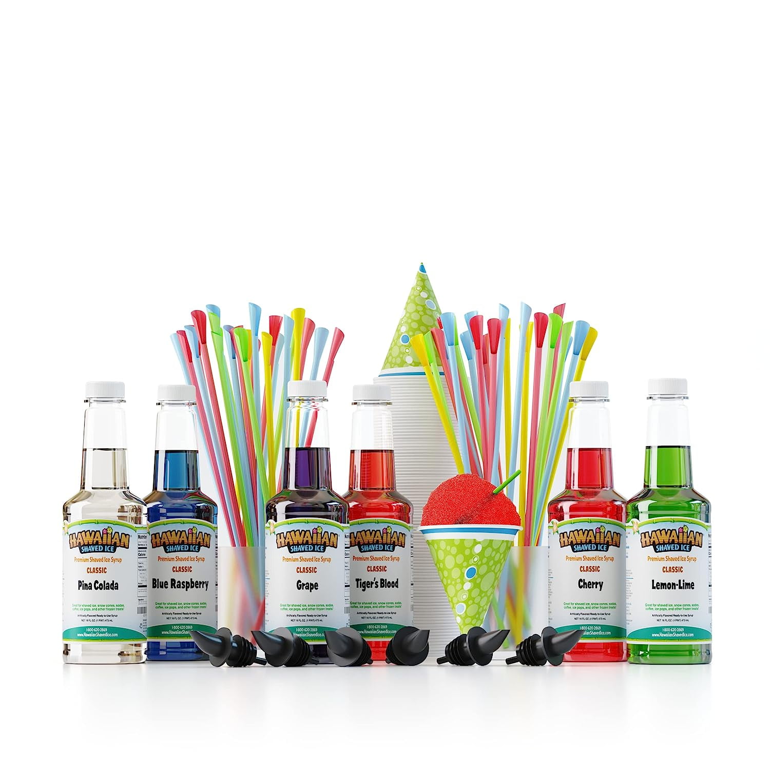 Syrup Assortment with 6 - 16oz Bottles, 50 Snow Cone Cups, Spoon Straws ...