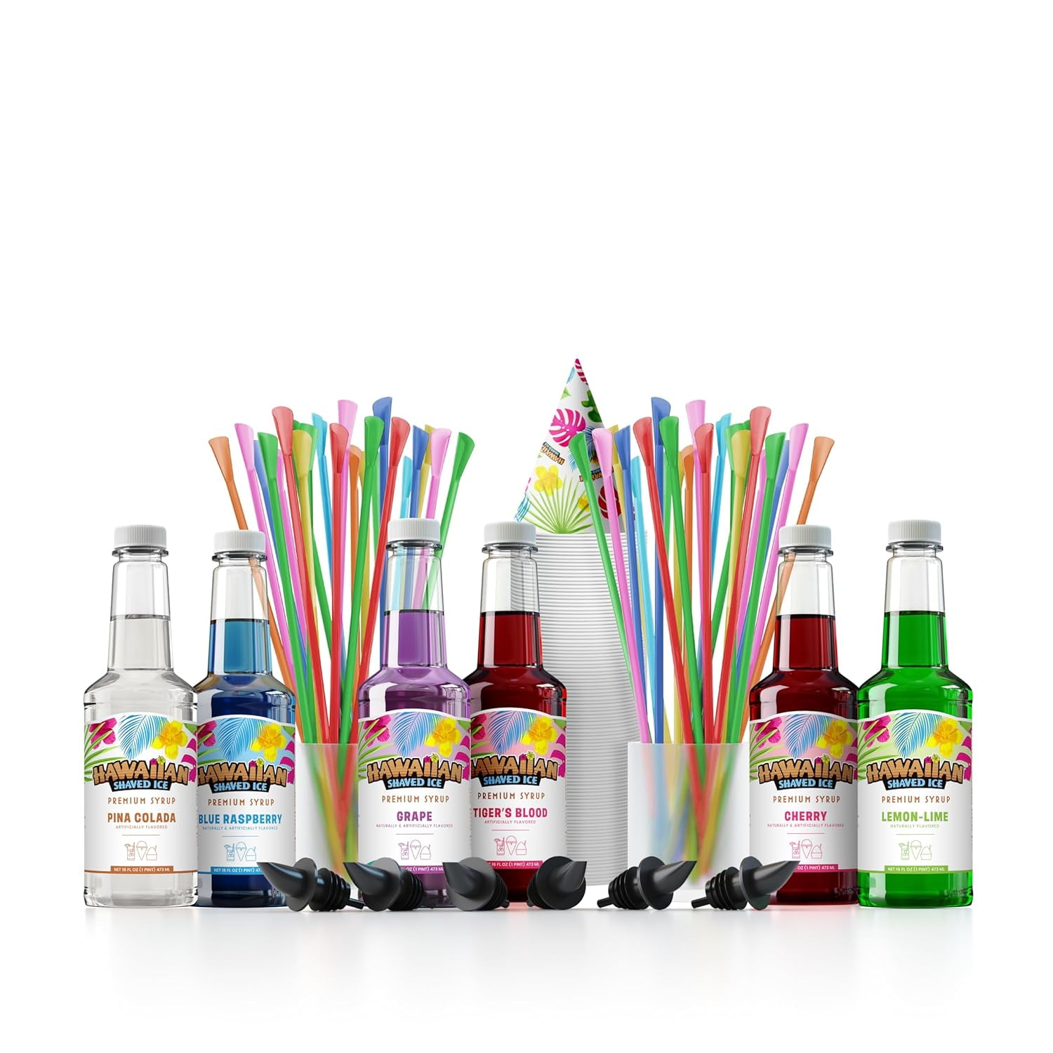 Syrup Assortment with 6 - 16oz Bottles, 50 Snow Cone Cups, Spoon Straws, and Pouring Spouts ...
