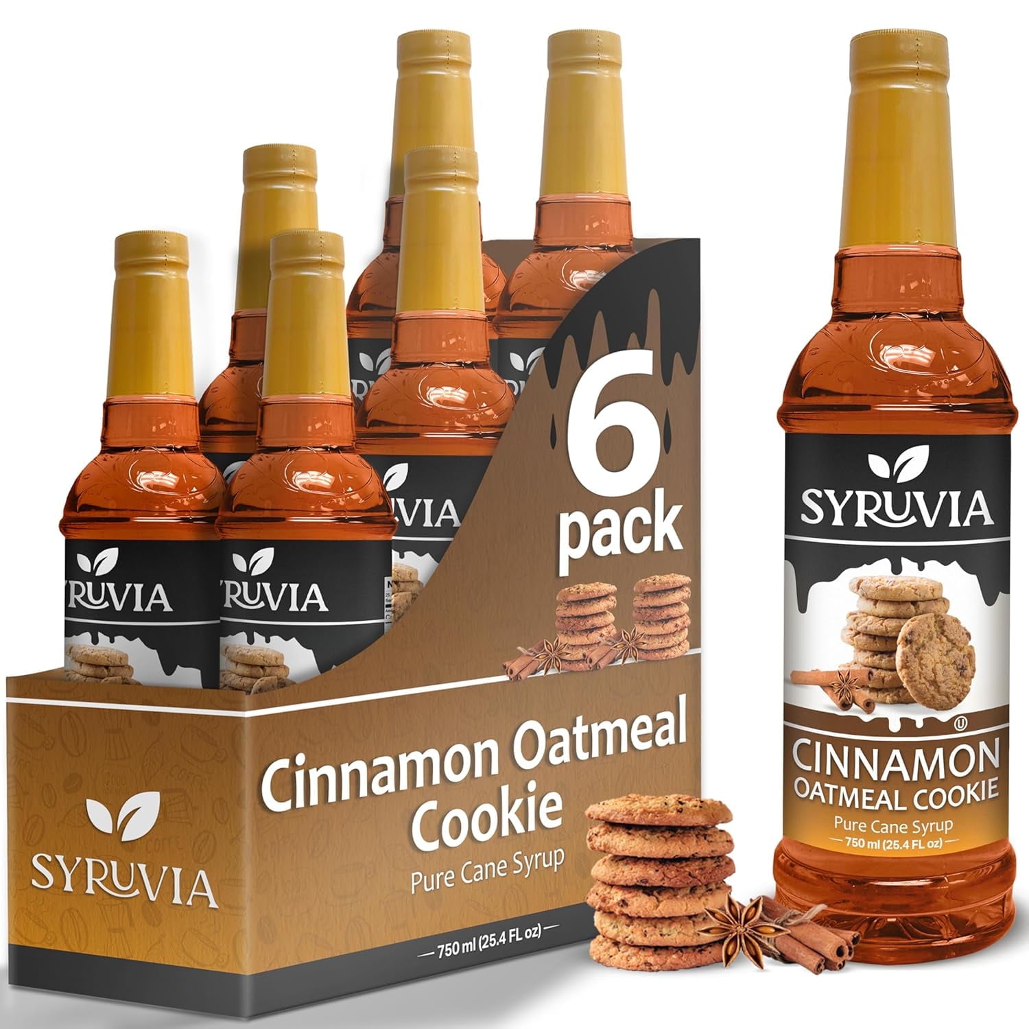 Syruvia Cinnamon Oatmeal Cookie Syrup for Coffee 1 Case (6 Bottles, 25. ...