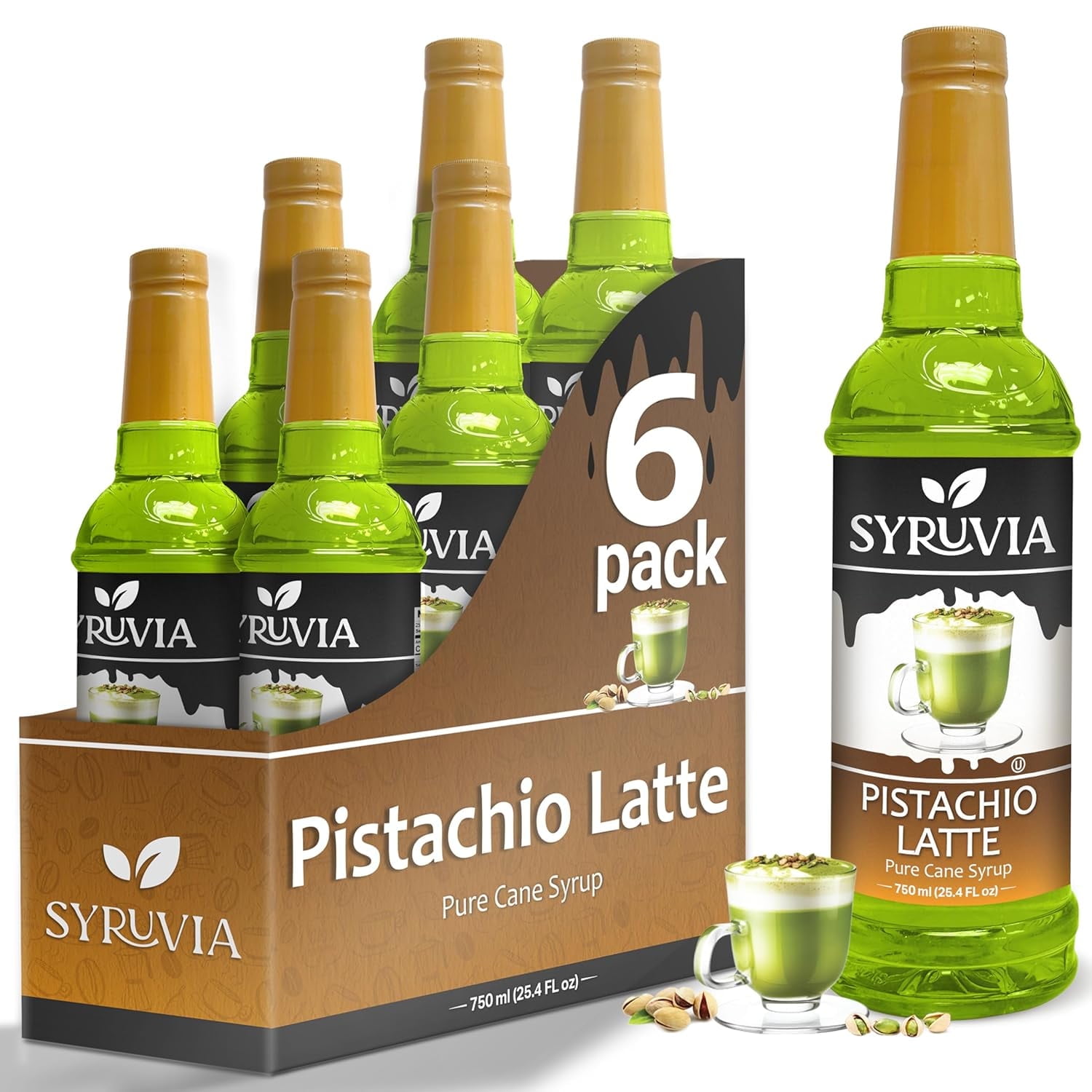 Syruvia Pistachio Latte Syrup for Coffee 1 Case (6 Bottles, 25.4 fl oz ...