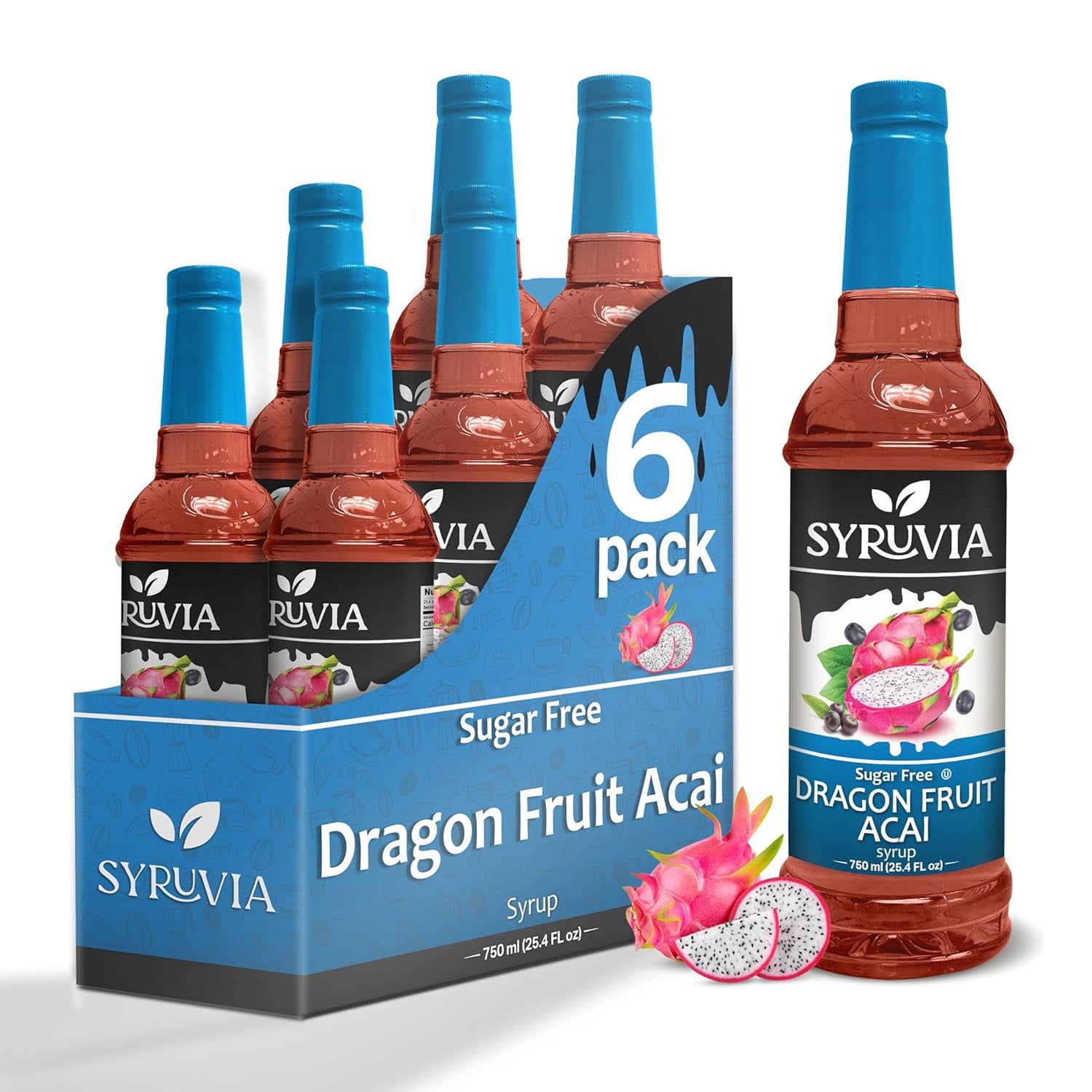 Syruvia Sugar-Free Dragon Fruit Acai Syrup for Drinks 1 Case (6 Bottles ...