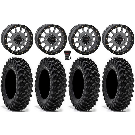 System 3 SB-5 14" Wheels Grey 34" Warrior XT Sticky Tires Sportsman RZR ...