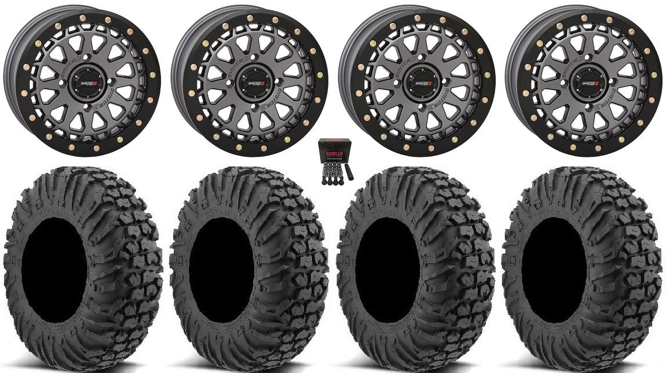 System 3 SB-6 15" Wheels Gunmetal (4+3) 30" MotoVator Tires Polaris RZR ...