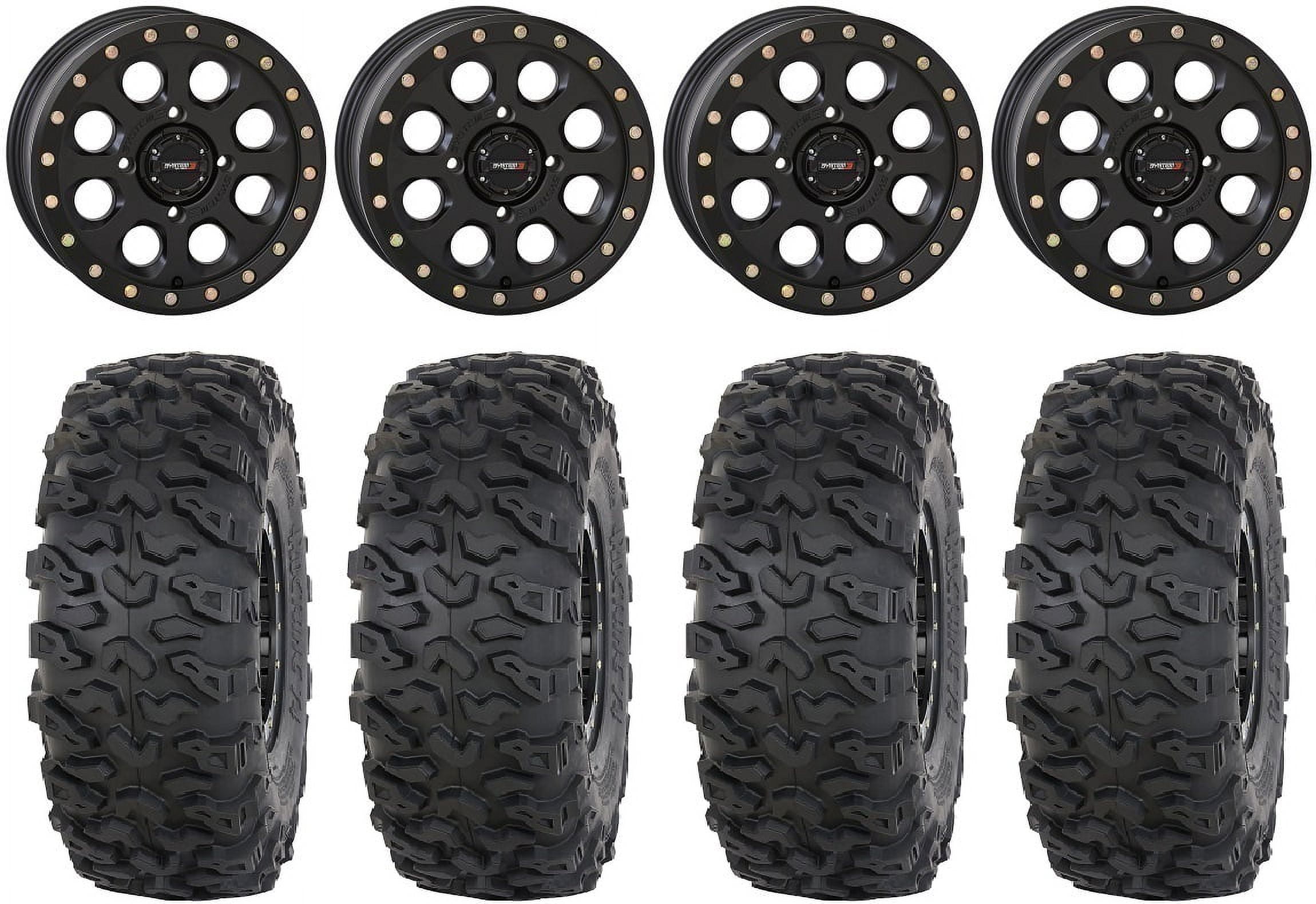 System 3 SB-7 14" Wheels Black (4+3) 27" Roctane T4 Tires Sportsman RZR ...