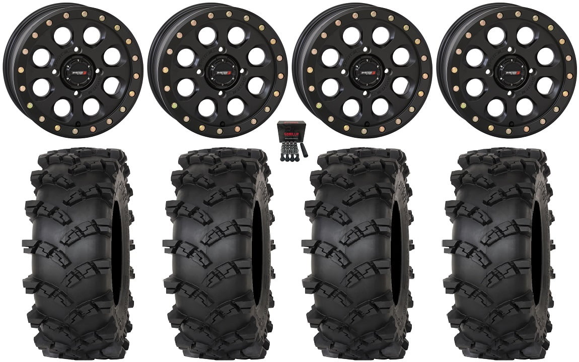 System 3 SB-7 14" Wheels Black (4+3) 32" Outlaw M/T Tires Kawasaki Mule ...