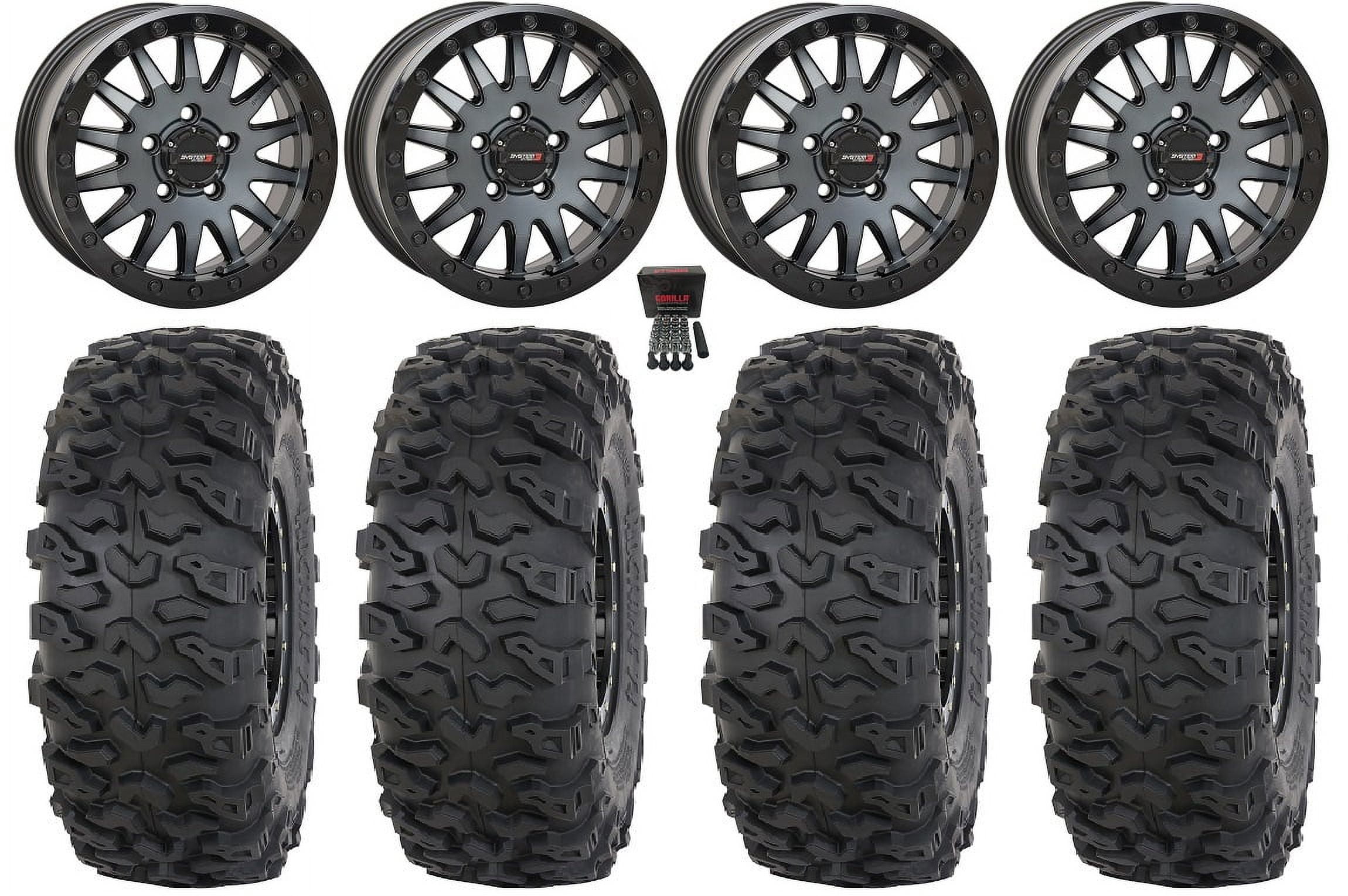 System 3 SB-8 Bdlk 15" Wheels Gy +38mm 32" Roctane T4 Tires Polaris RZR ...