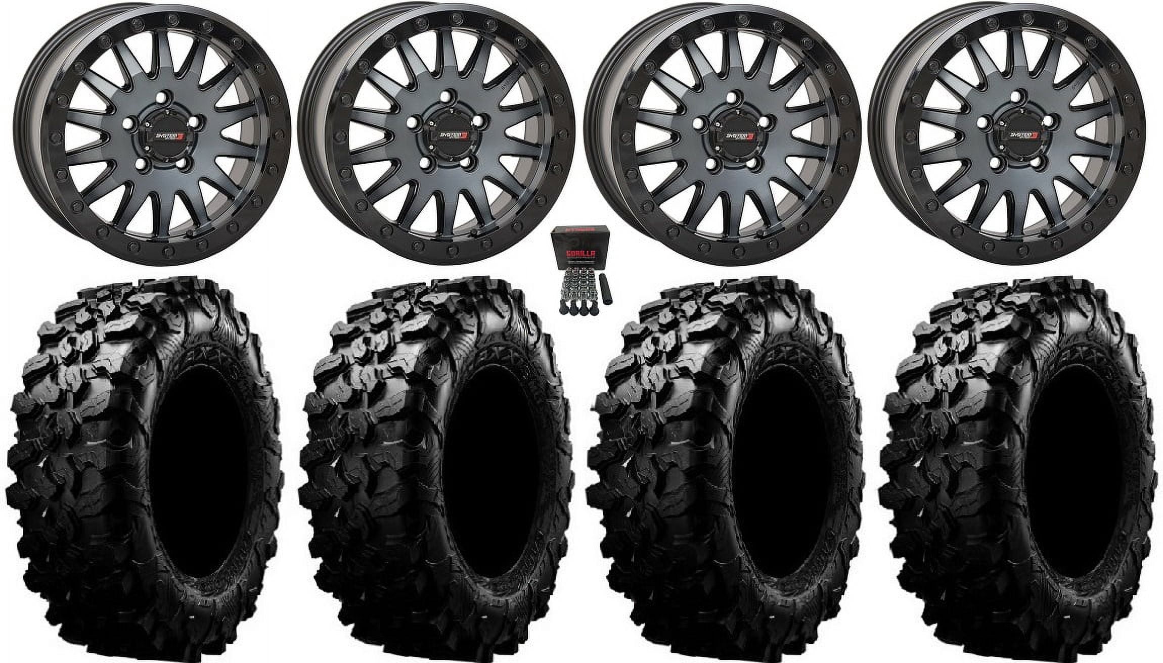 System 3 SB-8 Bdlk 15" Wheels Gy +38mm 33" Carnivore Tires Polaris RZR ...