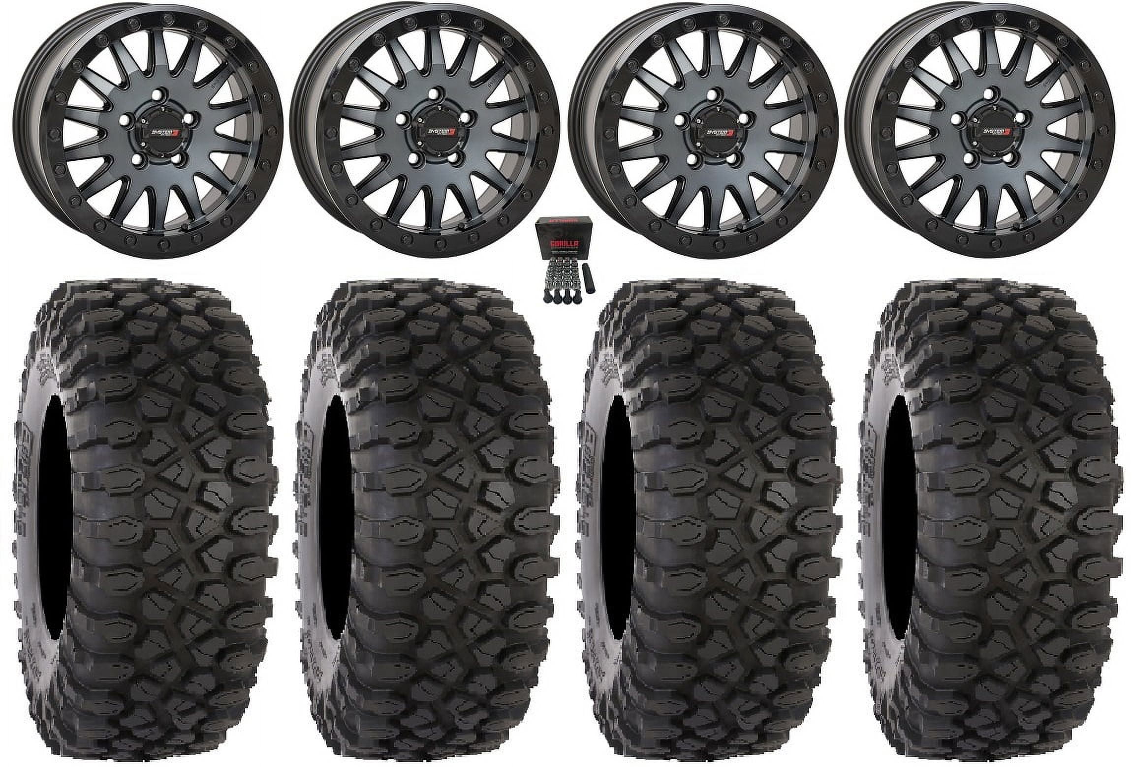 System 3 SB-8 Bdlk 15" Wheels Gy +38mm 33" XC450 Tires Polaris RZR ...