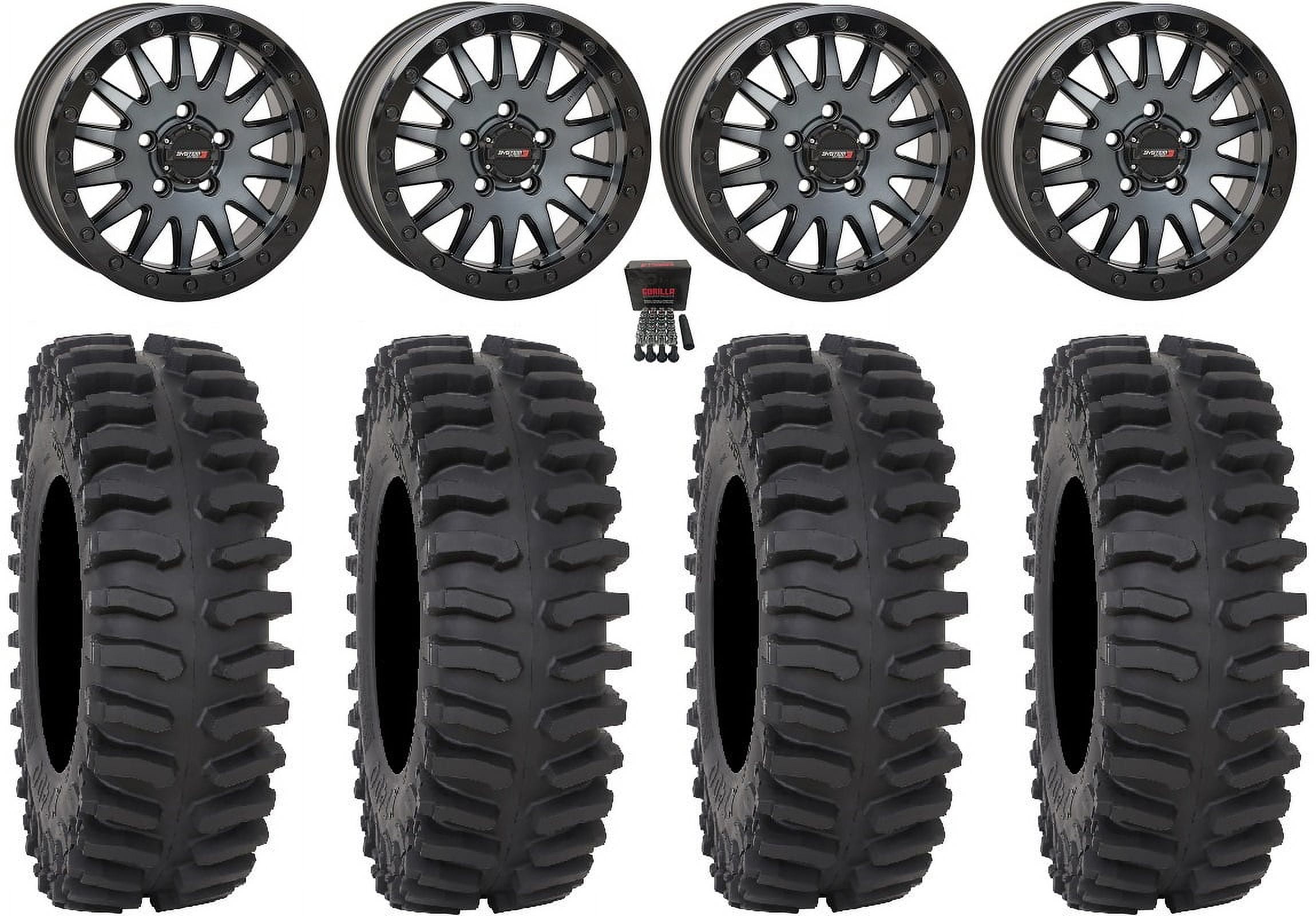 System 3 SB-8 Bdlk 15" Wheels Gy +38mm 33" XT400 Tires Polaris RZR ...
