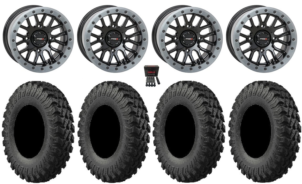 System 3 SB-9 Bdlk 15" Wheels Gloss Bk 33" MotoRally Tires Polaris RZR ...