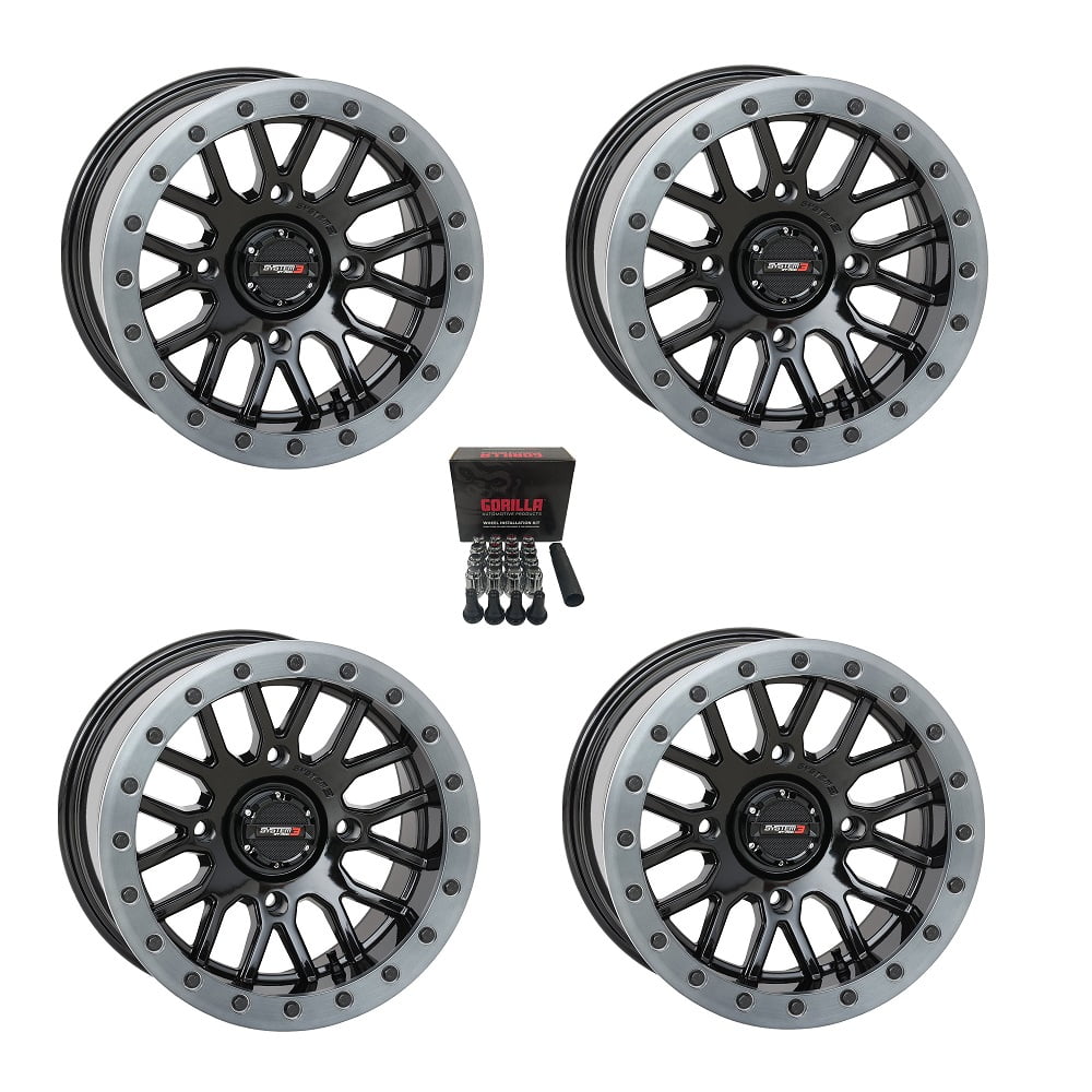 System 3 SB-9 Beadlock 15" Wheels Gloss Black +10mm Sportsman 550 850 ...