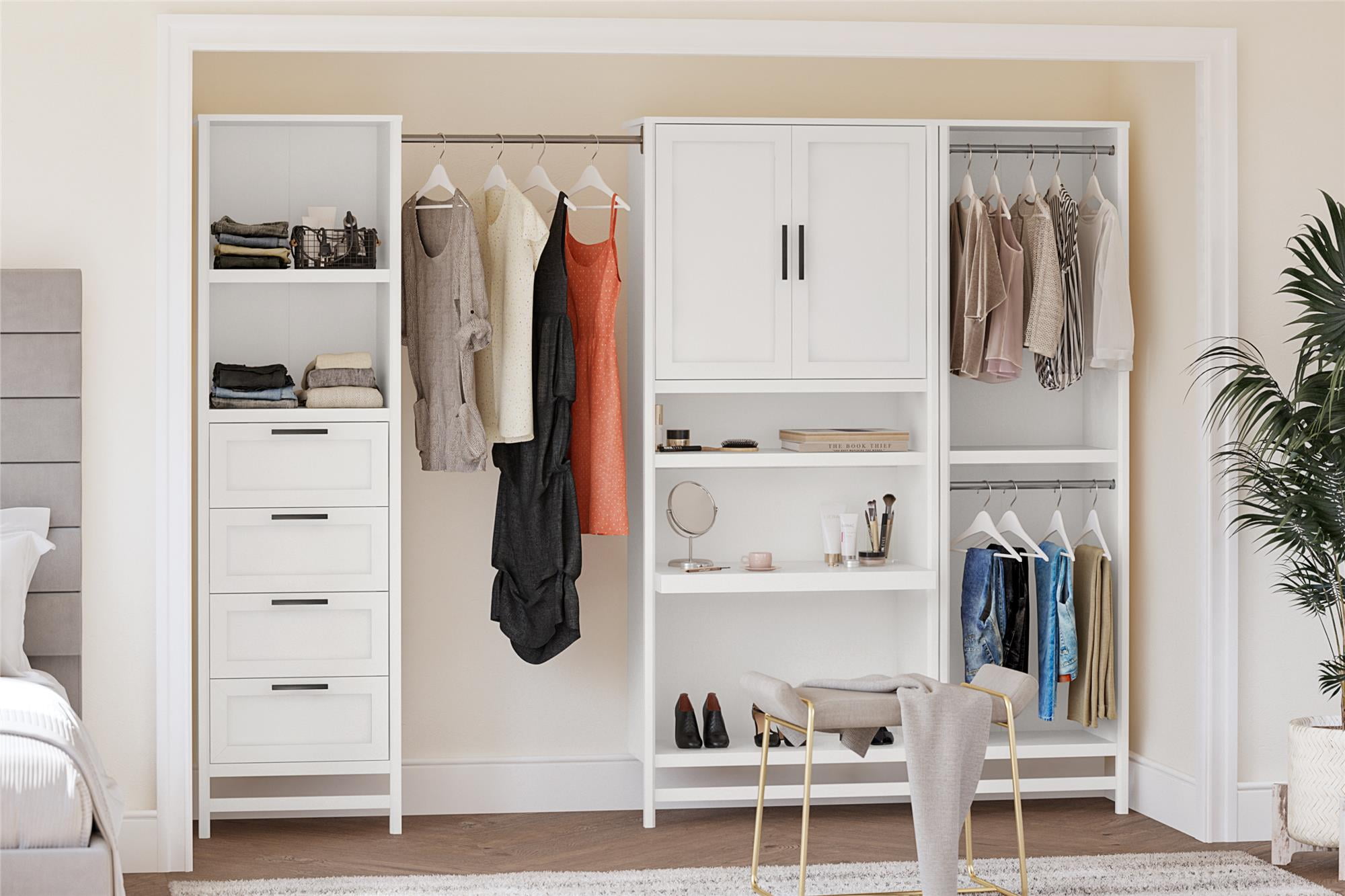 Systembuild Evolution Luxe Wardrobe Closet Organizer with Vanity 3-Piece Bundle, Ivory Oak ...