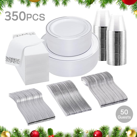Syvvy 350Pcs Silver Disposable Dinnerware Set,Plastic Plates for ...