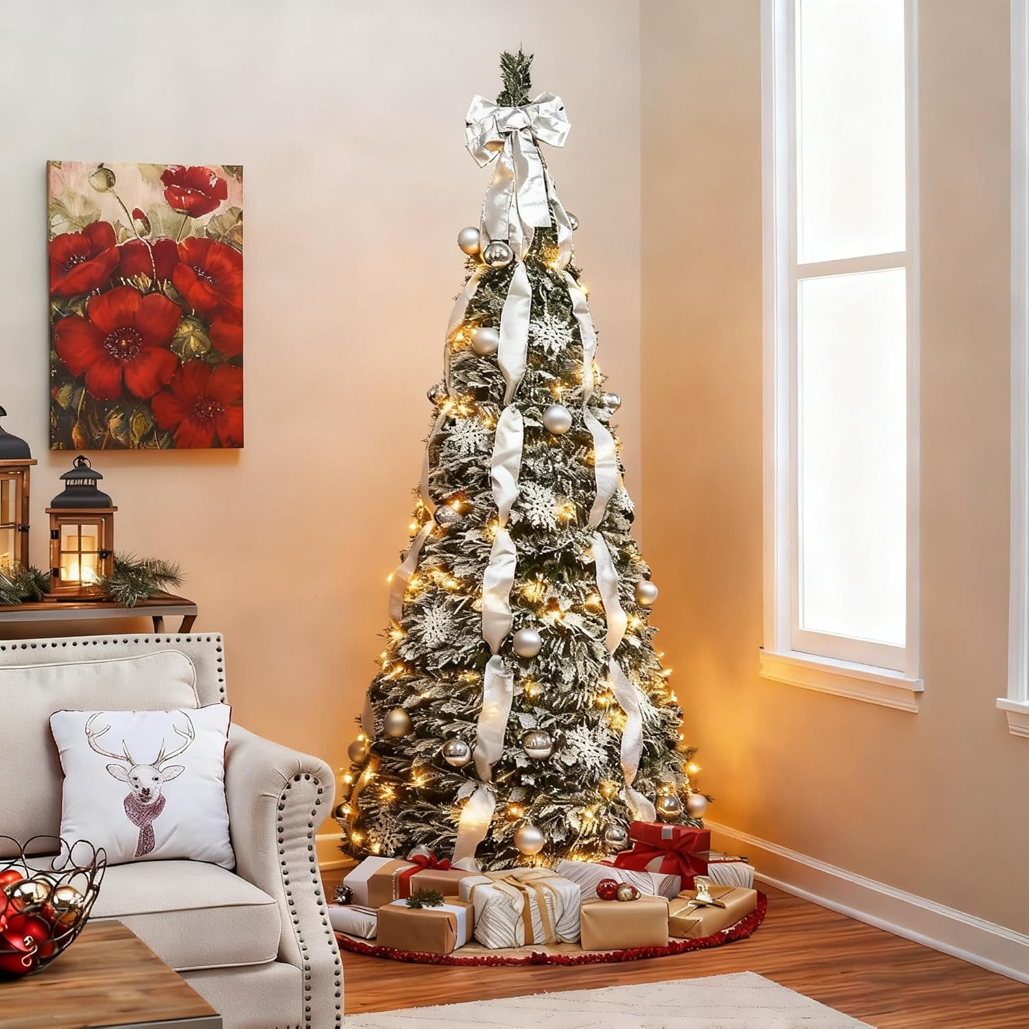 Syvvy 6ft Pop Up Christmas Tree with Lights, Prelit Snow Flocked ...