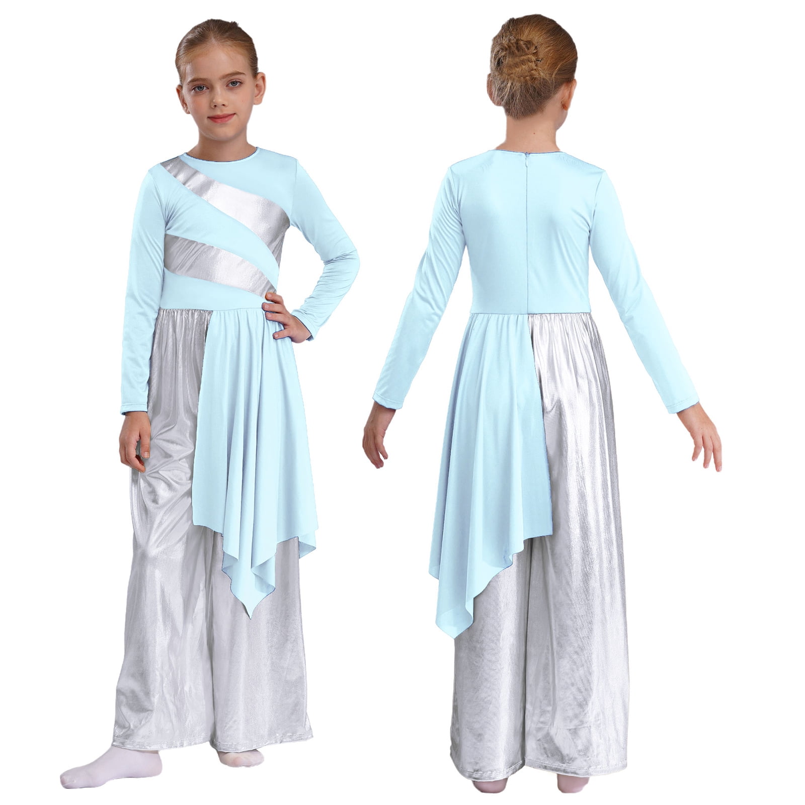 Sywiyi Girls Spirit Praise Dance Bodysuit Metallic Color Block Wide Leg ...