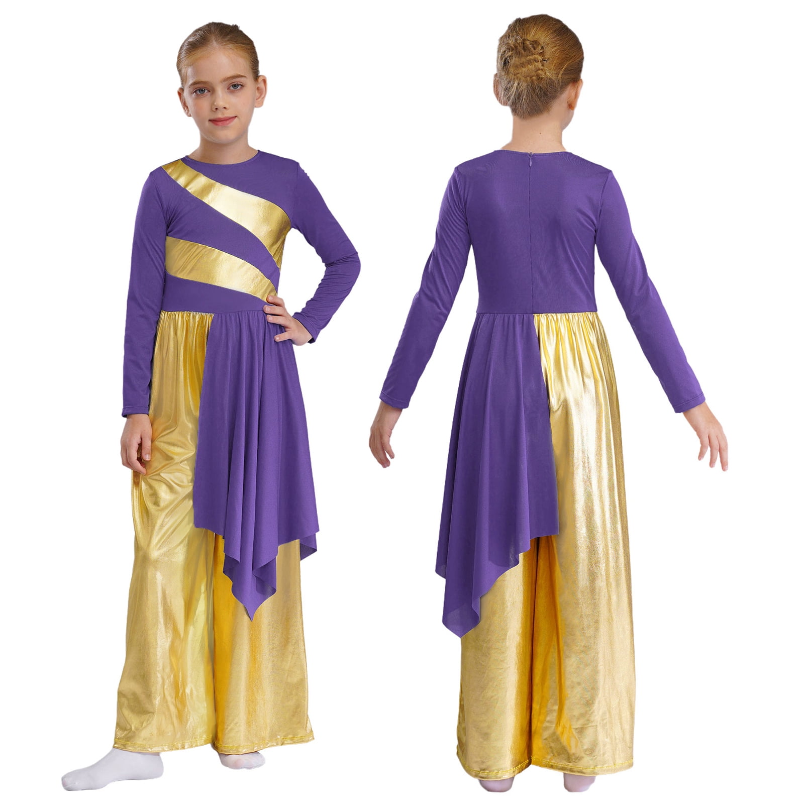 Sywiyi Girls Spirit Praise Dance Bodysuit Metallic Color Block Wide Leg ...
