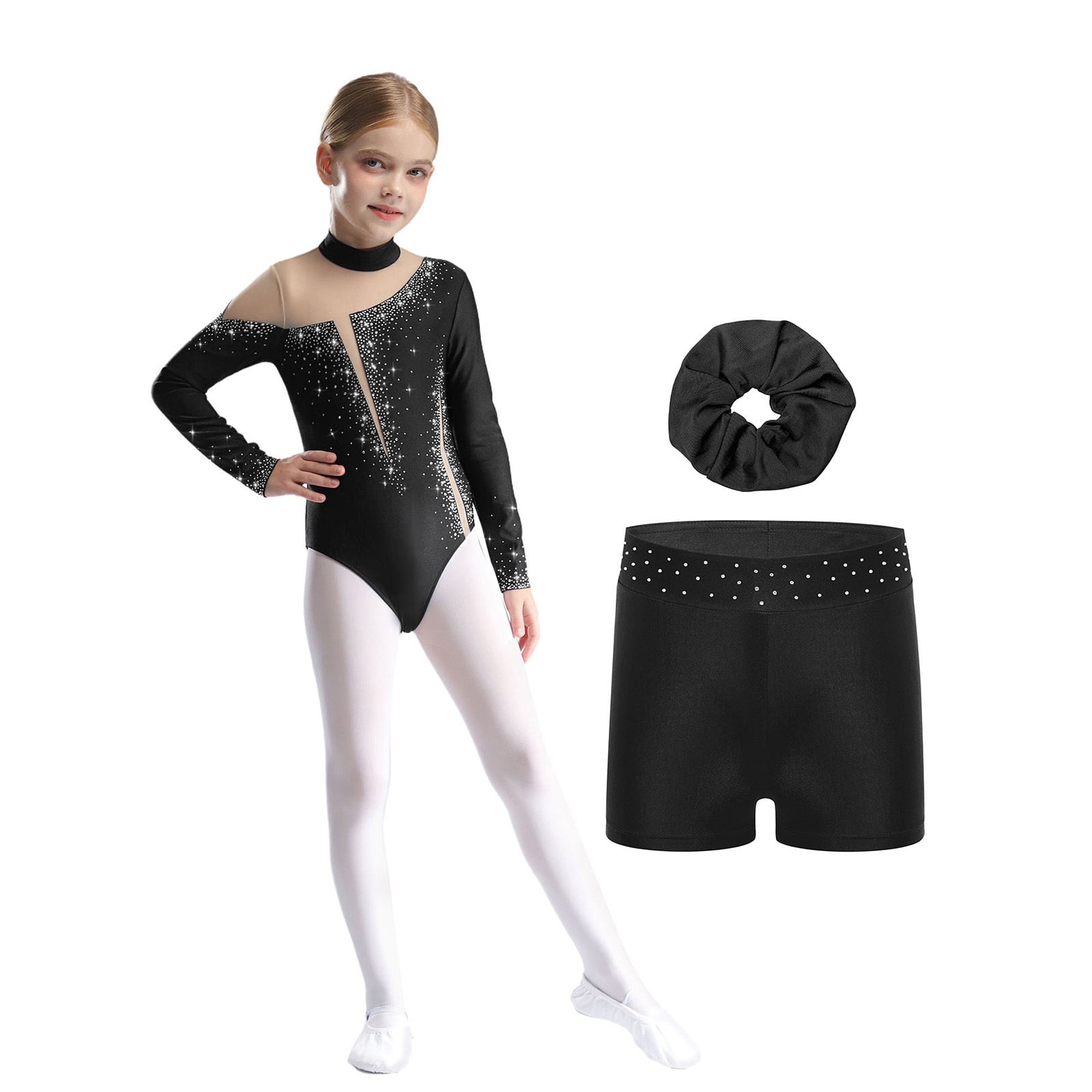 Sywiyi Gymnastics Leotard for Girls Kids Shiny Dance Biketard with Tumbling Shorts and Hairband ...